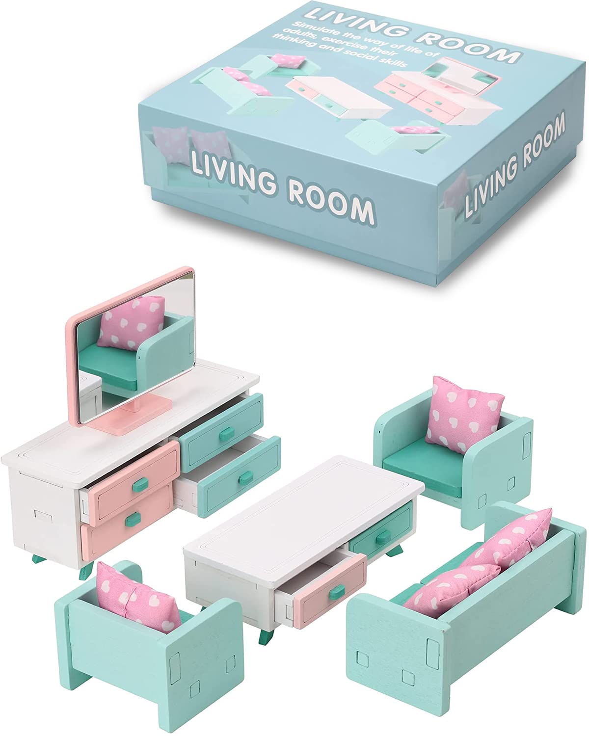 Wooden Dollhouse Furniture Set for Kids Colorful Pretend Play Toys with Wood Miniature Living Room Doll House Accessories for for Girls Boys Role Play Birthday Children's Day (PTL03)