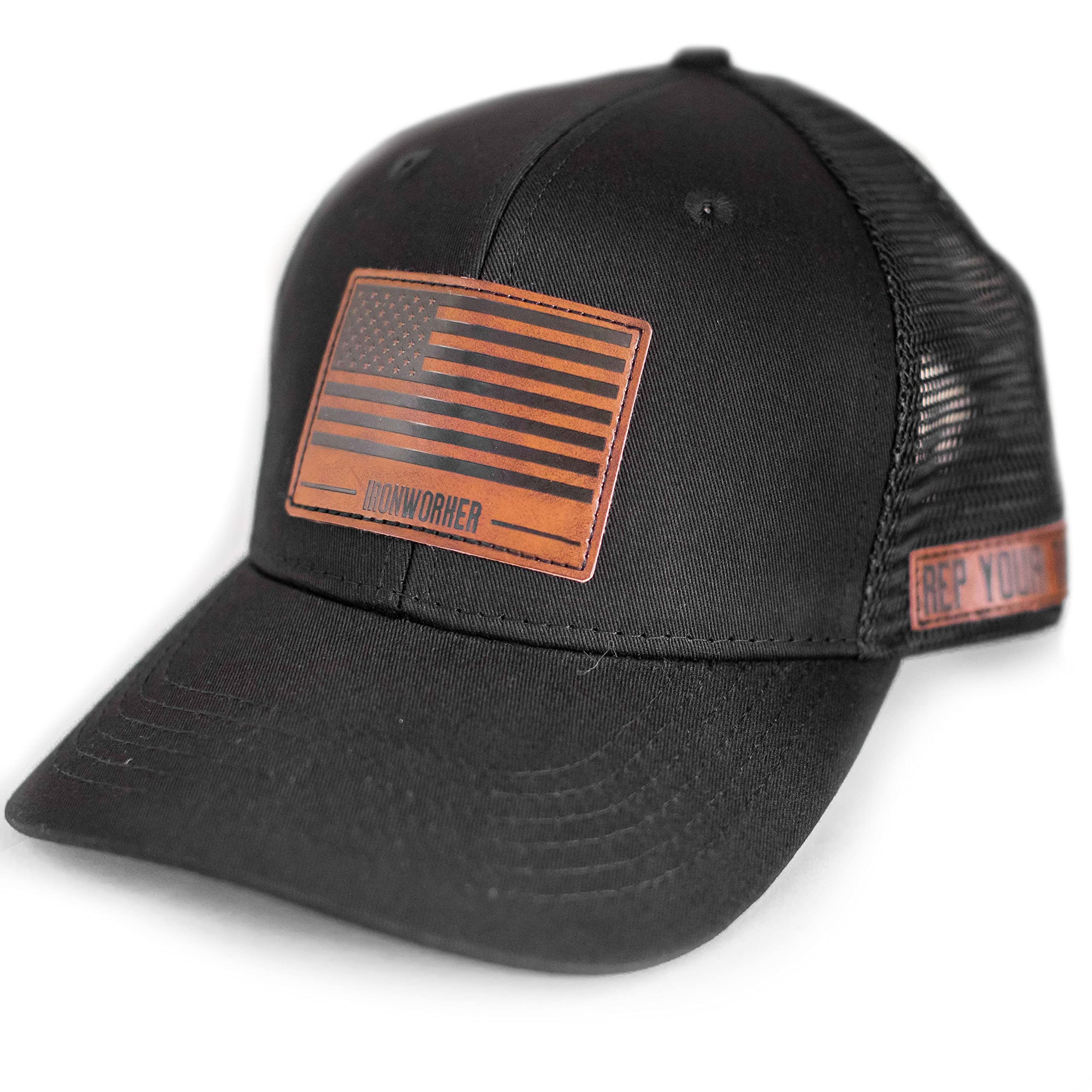 WorkBOOM Ironworker American Flag Hat | Adjustable Snapback Baseball Cap | Trucker Hat with Distressed Embroidered Patch for Patriotic Men, Women