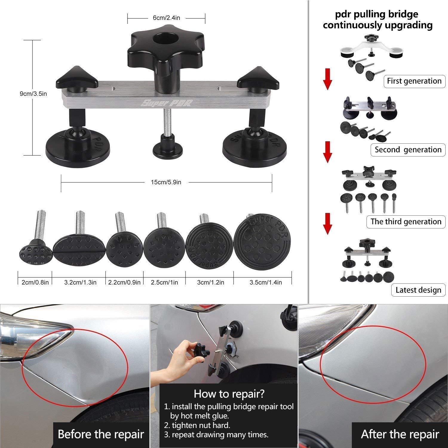 Paintless Dent Puller Kit with 34pcs Glue Pull Taps Repair Dents in All Parts of The Car 2in1 Slide Hammer Dent Remover for Big Dents Bridge Dent Puller Repair Small and Medium Dents