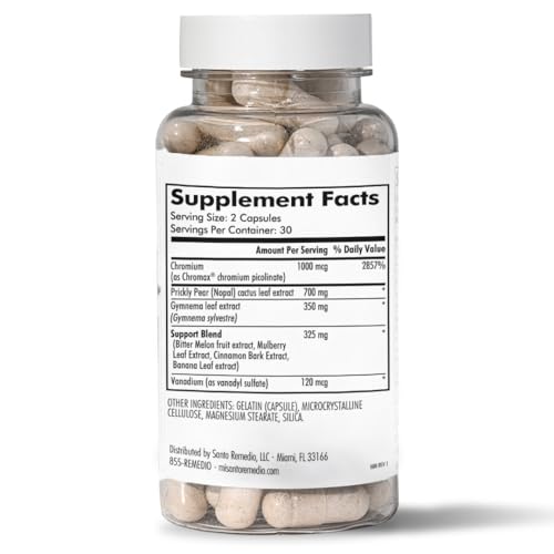 Santo Remedio's Exclusive Formula with Nopal, Chromium Picolinate (Chromax), Gurmar (Gymnema Silvestre), and Vanadyl Sulfate. 60 Capsules (30 Servings)