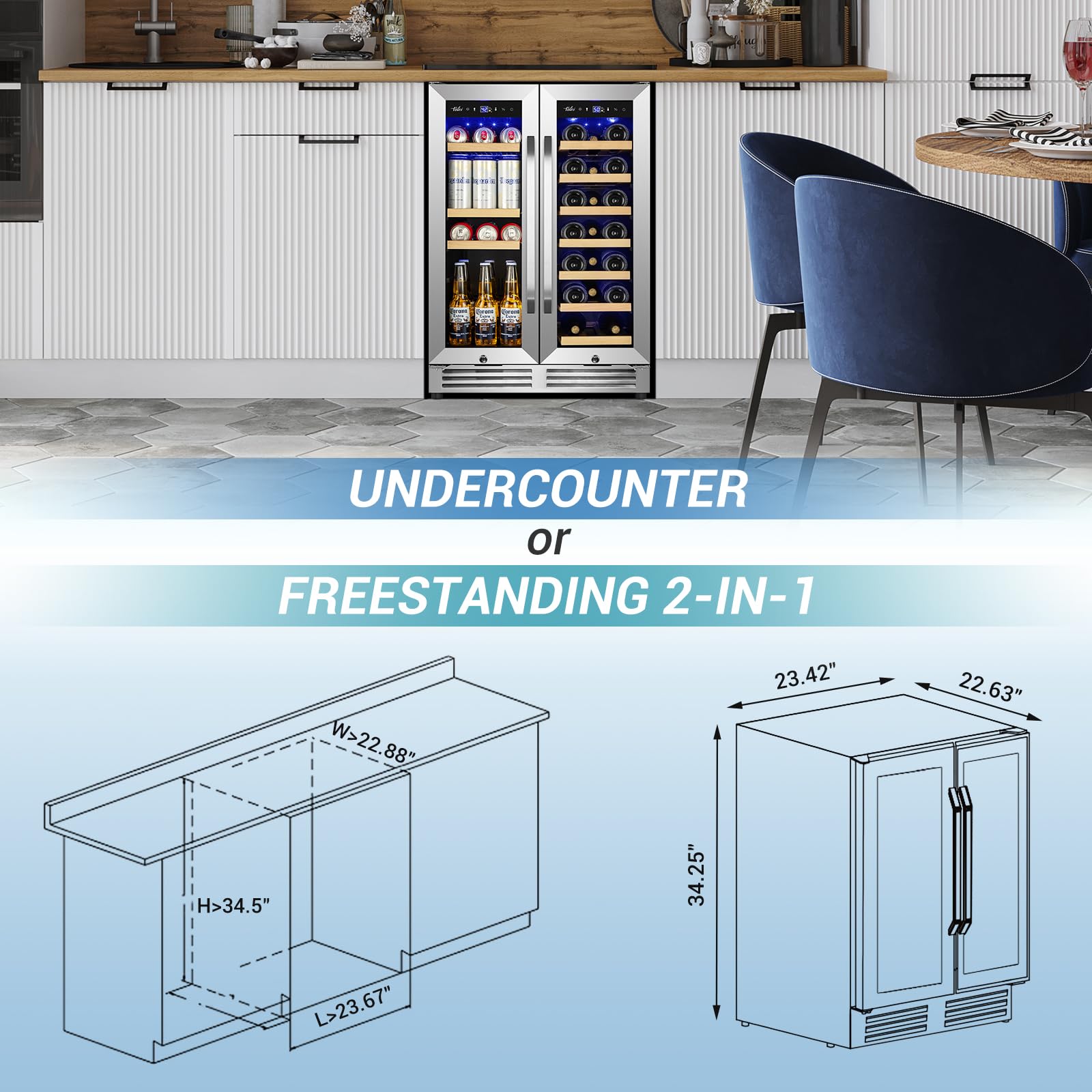 Velivi Wine and Beverage Refrigerator Under Counter, 24 Inch Beverage Fridge Dual Zone with Glass Door, Freestanding & Built In Beverage Cooler with Increase Capacity Space, Advanced Cooling System
