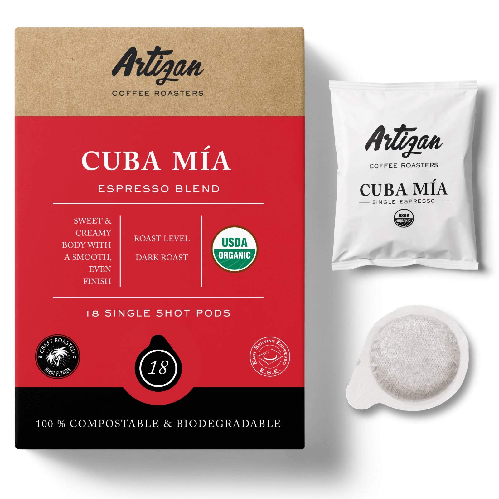 Organic Authentic Cuban Espresso Cafecito Cuba Mia Single Espresso ESE Coffee Pods | 44mm | High Intensity | Low Acidity | Dark Roast 7g Freshly Roasted in Miami, FL 18 Pod x 2 Pack
