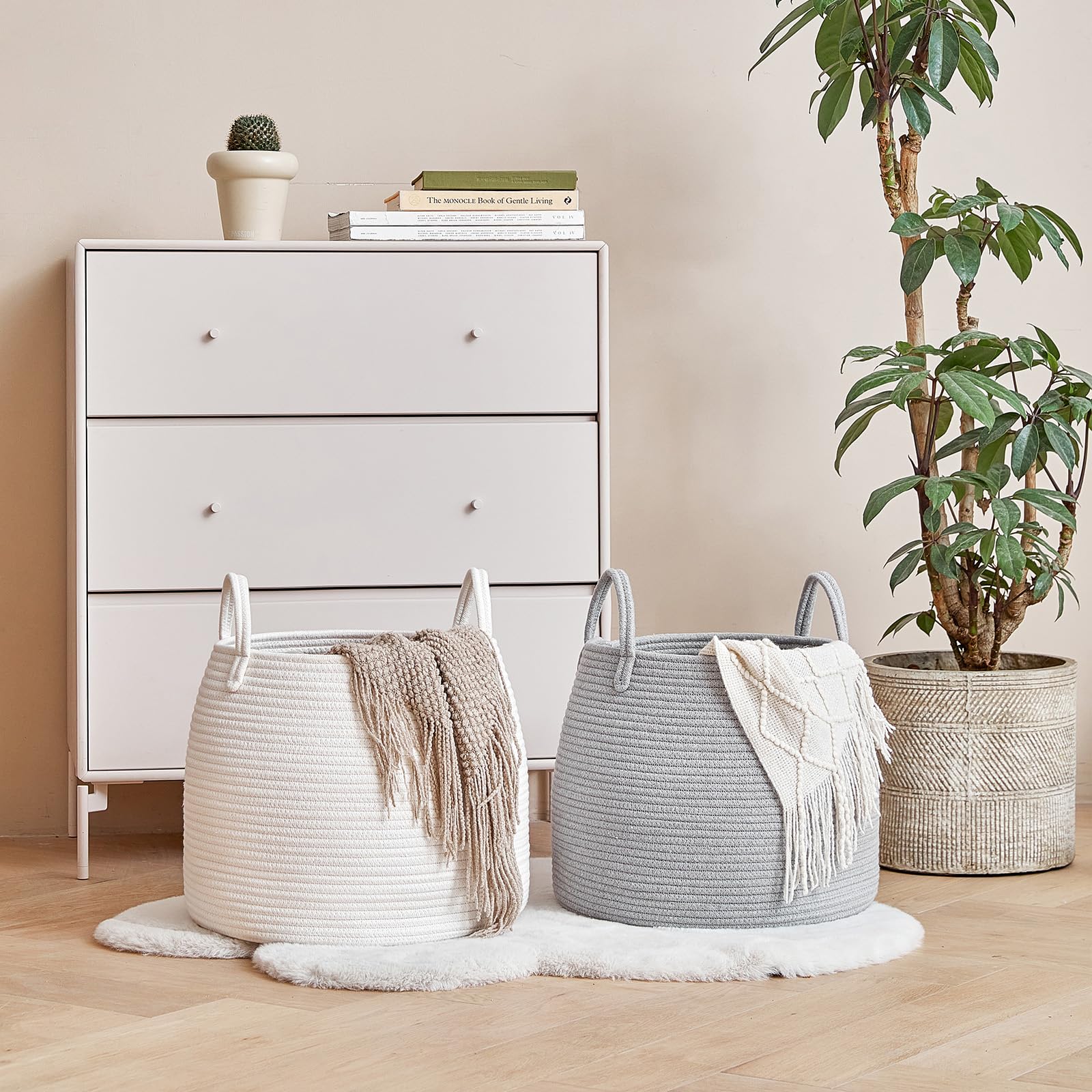 R RUNKA Nursery Laundry Basket | Kids Hamper for Blankets, Pillows,Toys (15"x 13")| Baby Toy Basket | Nursery Storage for Boho Room Decor | Ideal Gift for Baby Showers| Grey