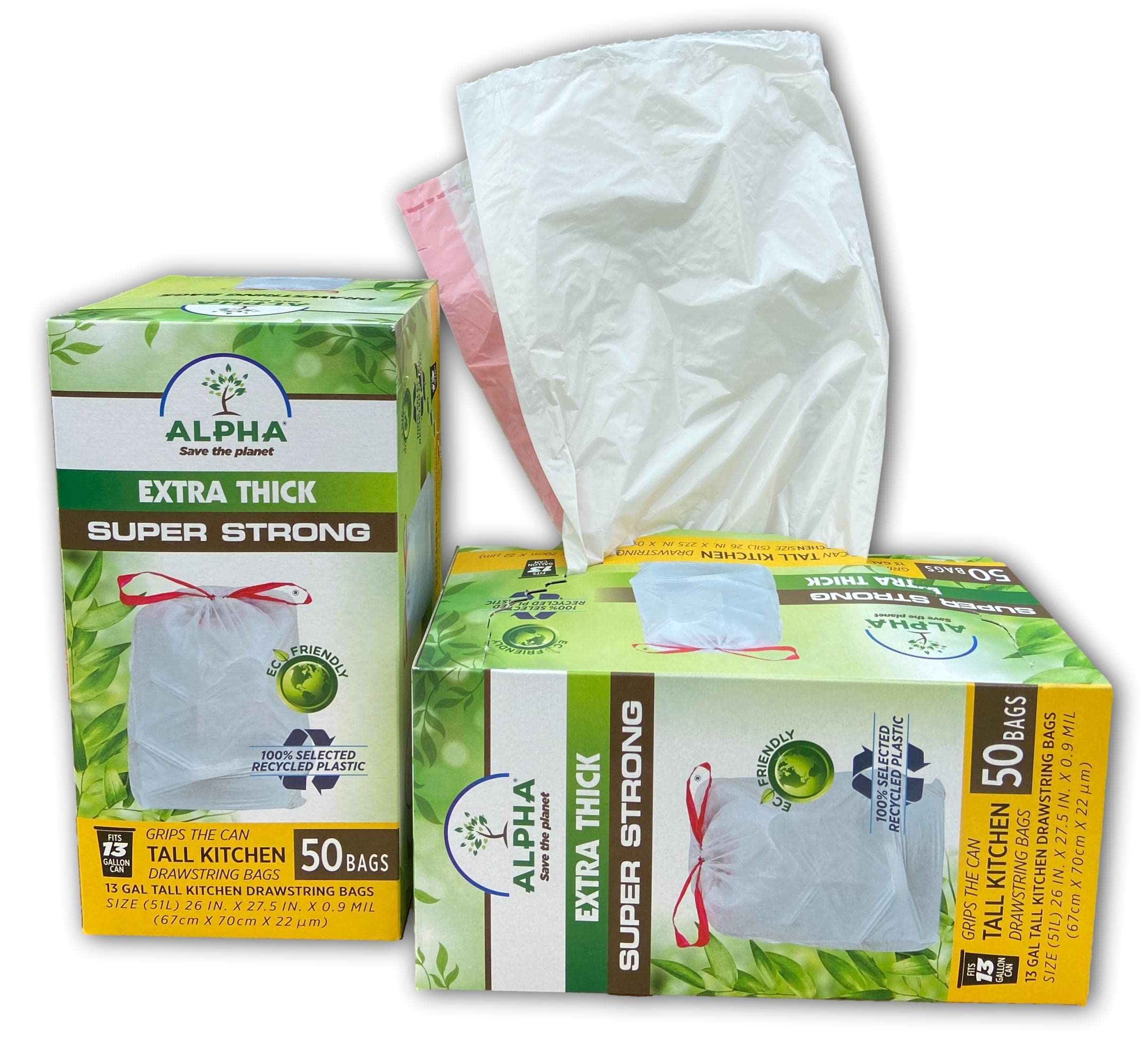 Tall Kitchen Drawstring 13 Gallons Trash Bags Extra Thick Super Strong, Eco Friendly Made By0 Recycled Material (100)