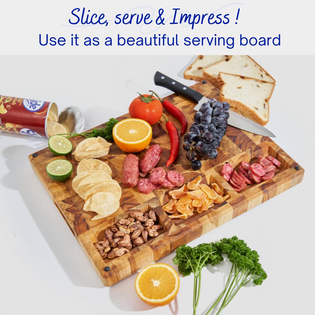 TUSO Butcher Block Cutting Board [17 x 13 x 1.5 inches ] End Grain Teak Wood Cutting Board - Reversible Multipurpose with Non-Slip Feet, Juice Groover, Sorting Compartments and Built-in Handles