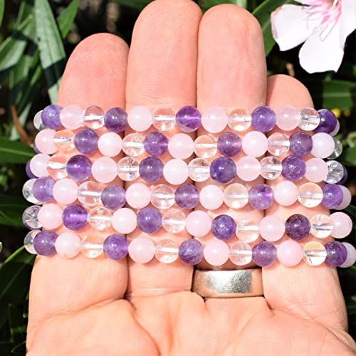 Zenergy Gems Charged Natural Amethyst + Clear Quartz + Rose Quartz 6mm Bead Bracelet + Selenite Charging Heart [Included]