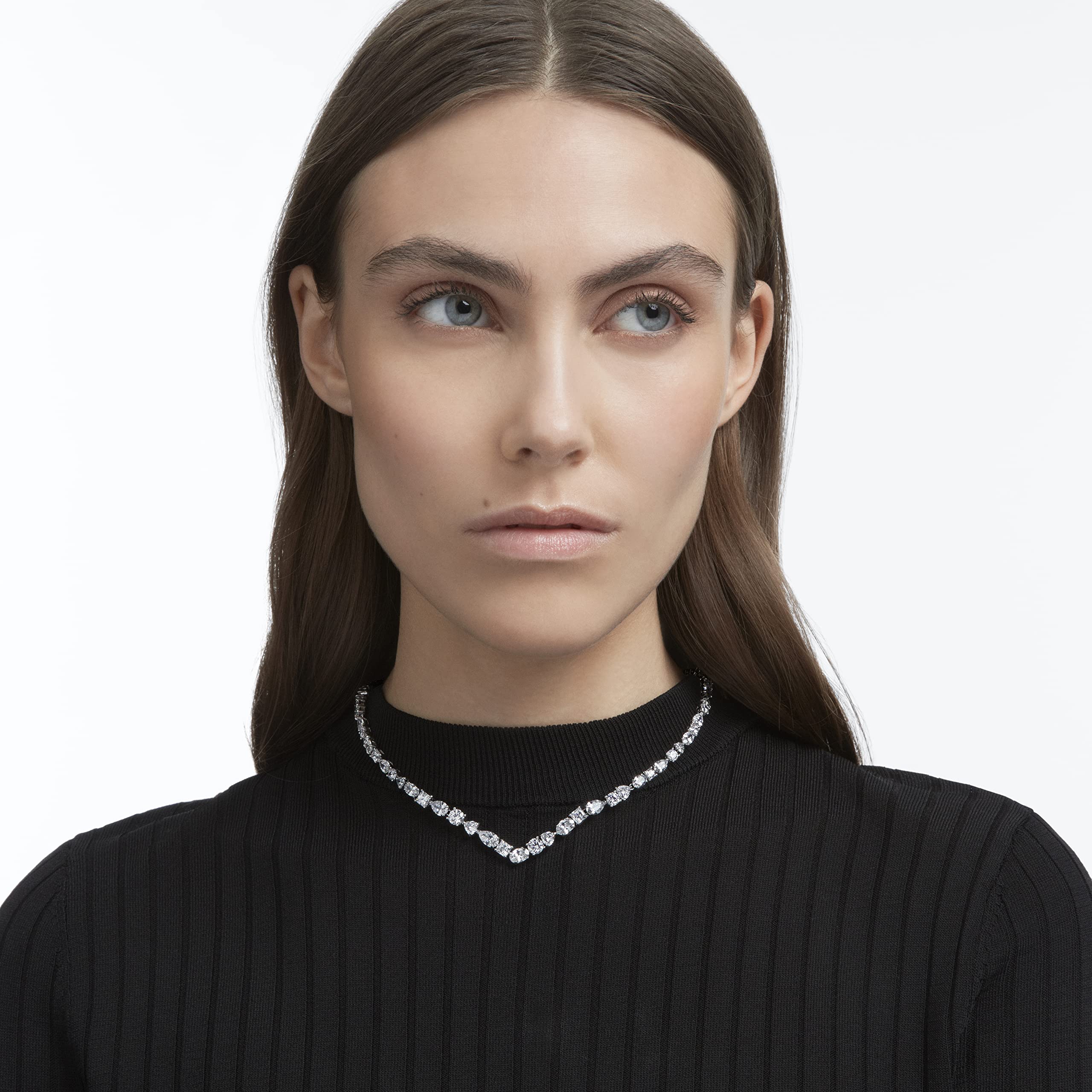SWAROVSKI Tennis Deluxe All-Around Tennis Necklace with Round, Square and Pear-Shaped Clear Crystals on a Rhodium Plated Setting