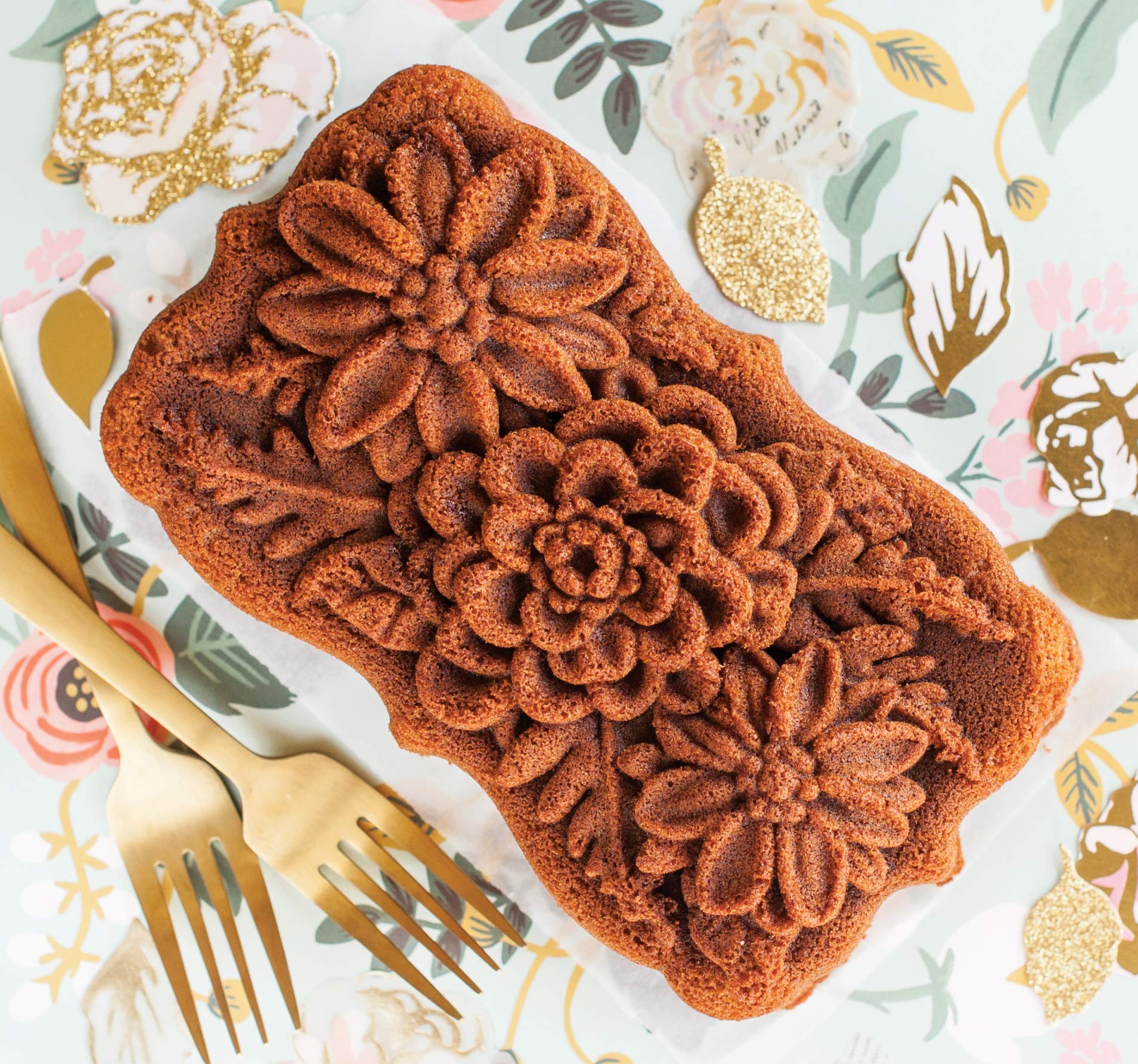 Nordic Ware Wildflower and Jubilee Loaf Pans, 6-Cup, Toffee and Gold