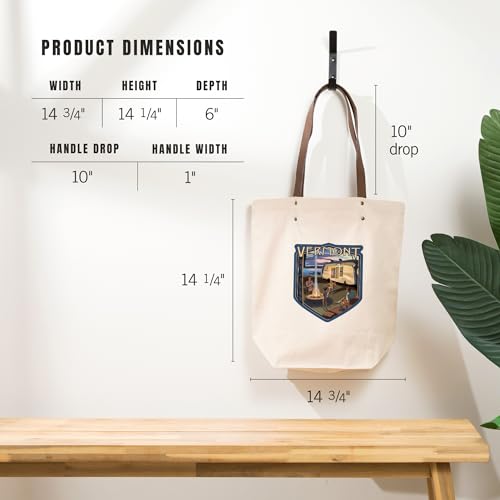 Vermont, Retro Camper and Lake, Contour (Canvas Deluxe Tote Bag, Faux Leather Handles & Zip Pocket)