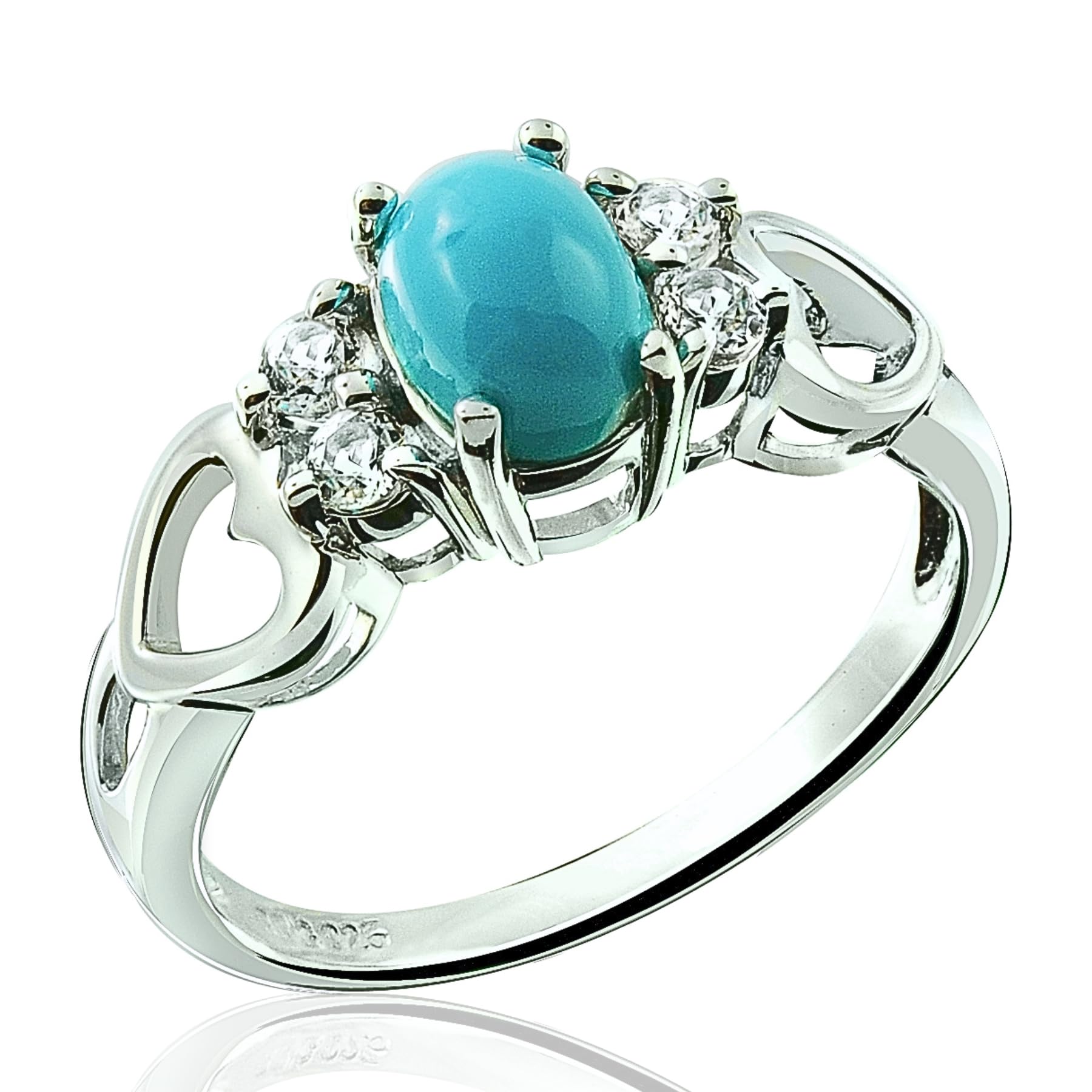 RB Gems Sterling Silver 925 Ring Genuine Gems Oval 7x5 mm, Rhodium-Plated Finish, Heart-Shaped Shanks (8, turquoise)