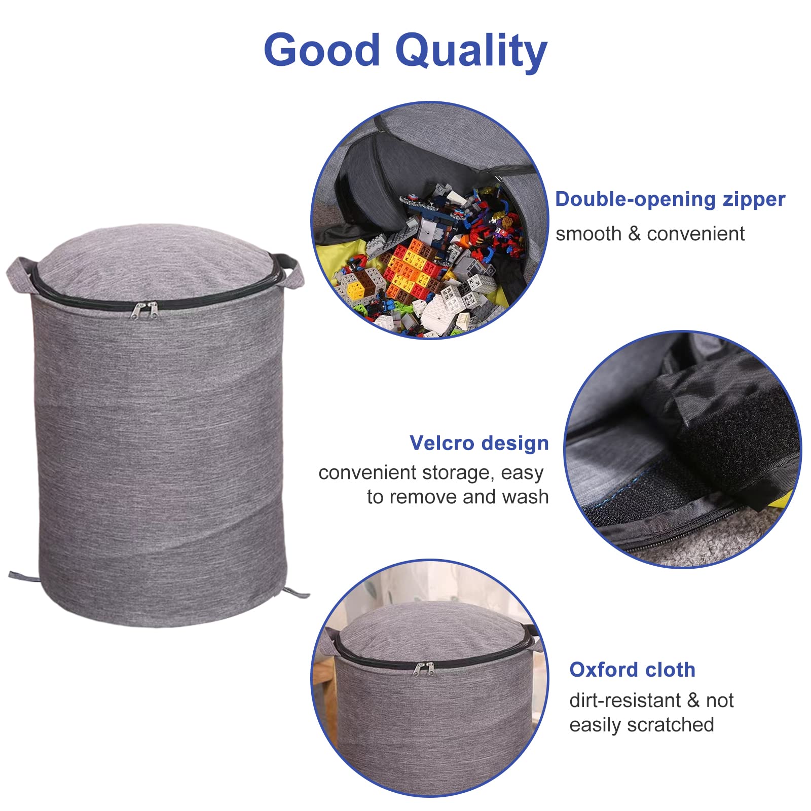 QWTMKTE Toy Storage Organizers and Play Mats, Large Toy Baskets, Toy Storage Bins for Building Bricks & Blocks, Washable, Foldable Canvas Baskets, Toy Clean Up for Kids (Gray)