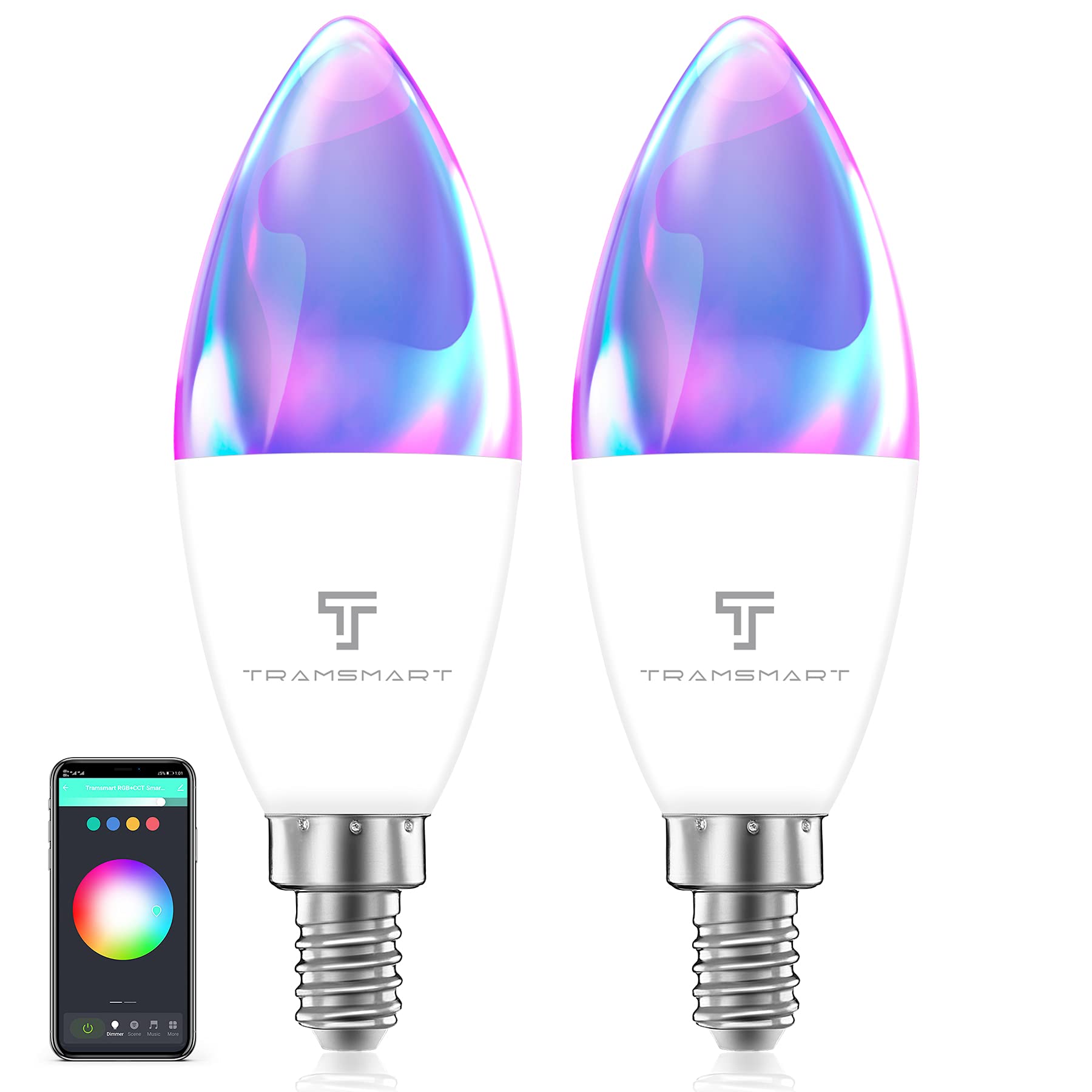 TRAMSMART Smart Light Bulbs, Color Changing E12 Candelabra Light Bulbs with Music Sync, WiFi&Bluetooth LED Light Bulbs Work with Alexa&Google Assistant, RGBCW Candle Light Bulbs 45W Equivalent, 2 Pack
