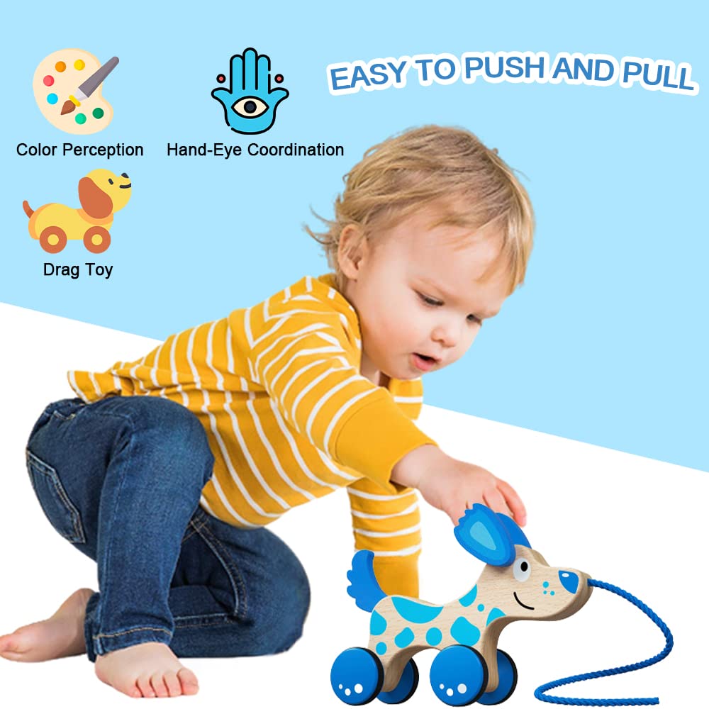 Wooden Push Pull Dog Toys Pull Toys for Toddlers 1-3 Baby Pull Toy Stand and Roll Toys Push Along String Dog Toys
