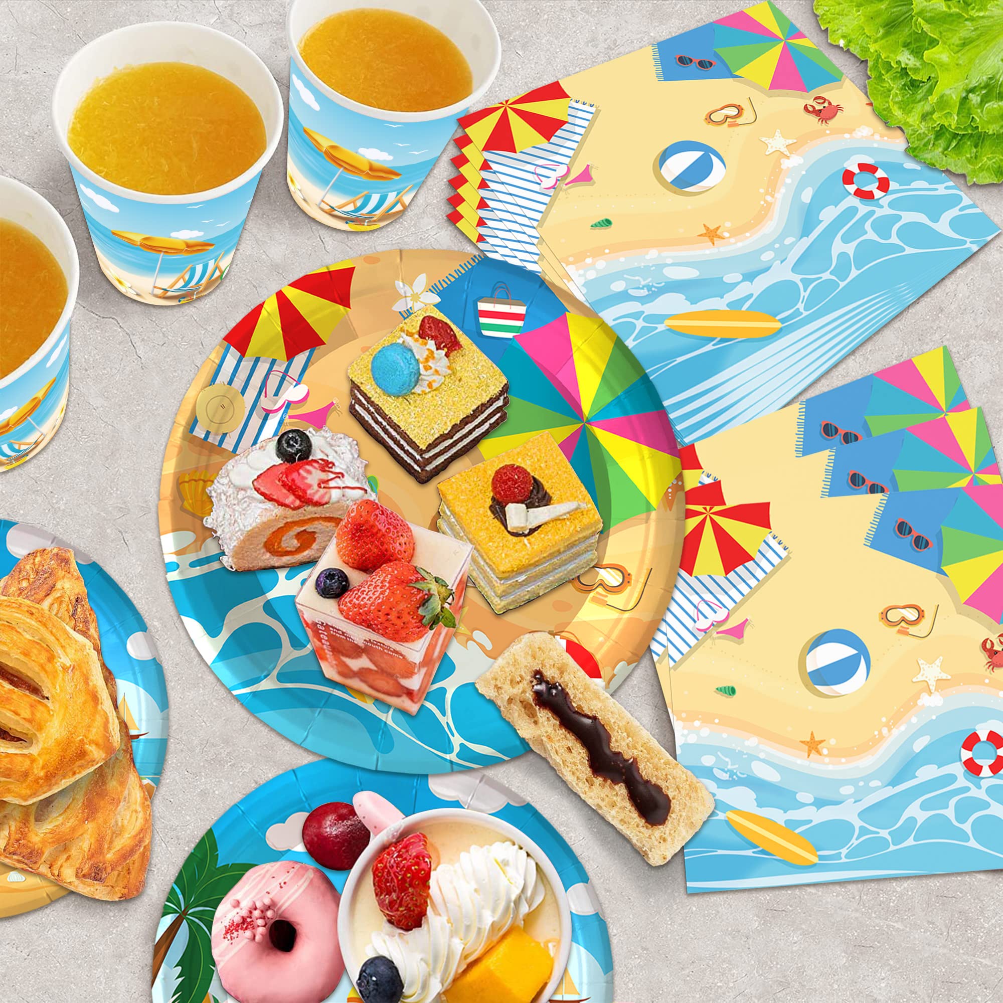 Oigco 96PCS Beach Party Supplies Summer Pool Plates Napkins Cups Tableware Set for Beach Birthday Party Decorations 24 Guests