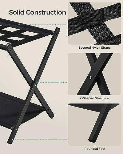 SONGMICS Luggage Racks for Guest Room, Set of 2, Suitcase Stand with Fabric Storage Shelf, Foldable for Space-Saving Storage, Steel Frame, Hotel, Bedroom, Black URLR004B02