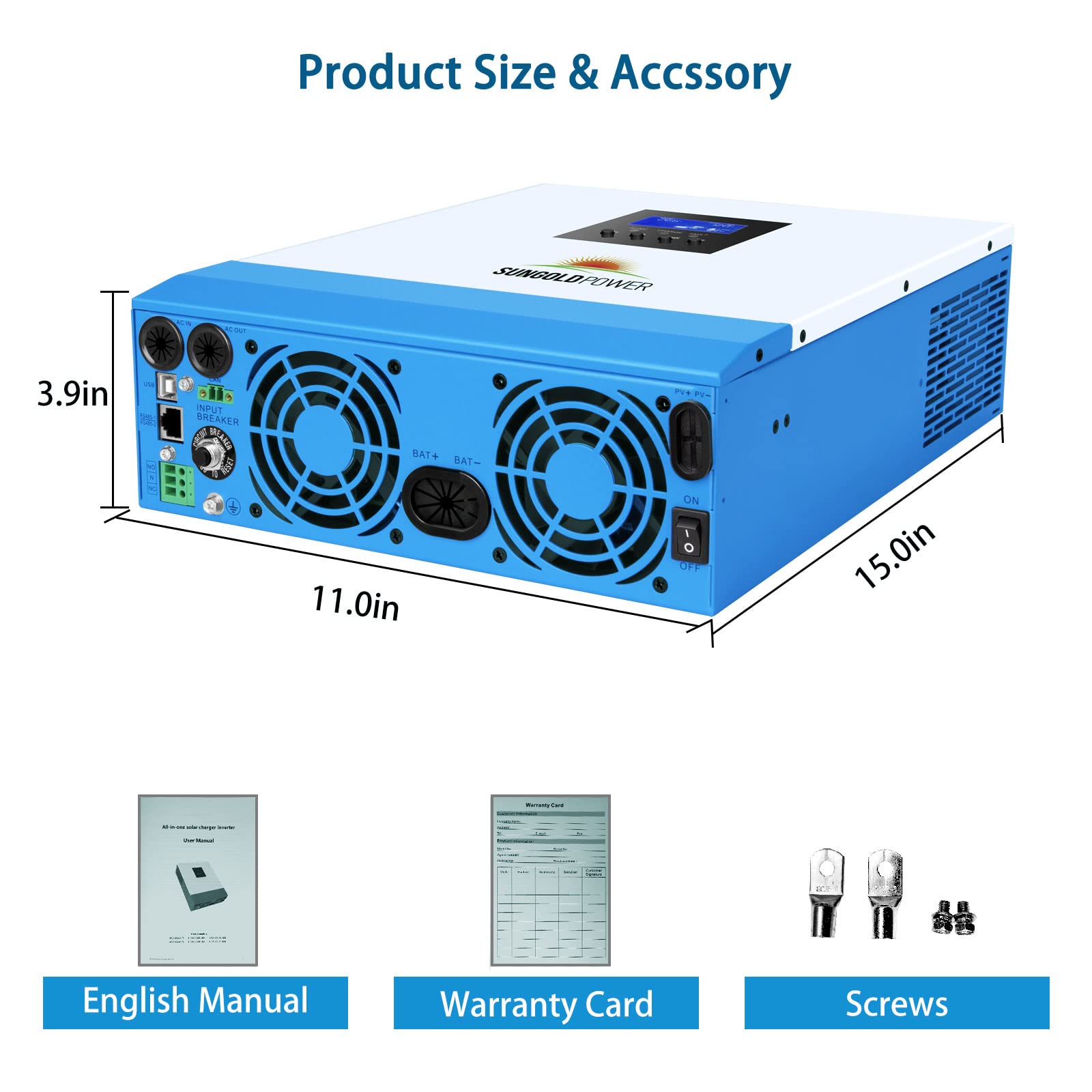 SUNGOLDPOWER 3000W 24V Hybrid Solar Inverter All in One, 120Vac AC Input,120Vac AC Output, 80A MPPT Solar Charger and 40A AC Battery Charger for Off Grid Solar System PV Range 120-450Vdc