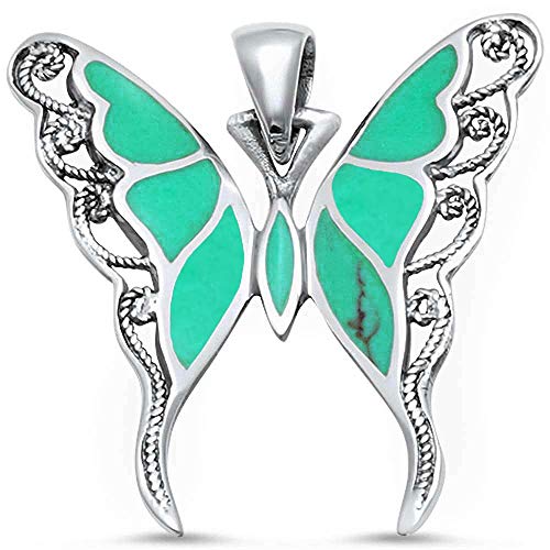 Oxford Diamond Co Solid Sterling Silver Abalone Shell, Onyx or Turquoise Inlay Buttterfly .925 Sterling Silver Statement Pendant (Turquoise)