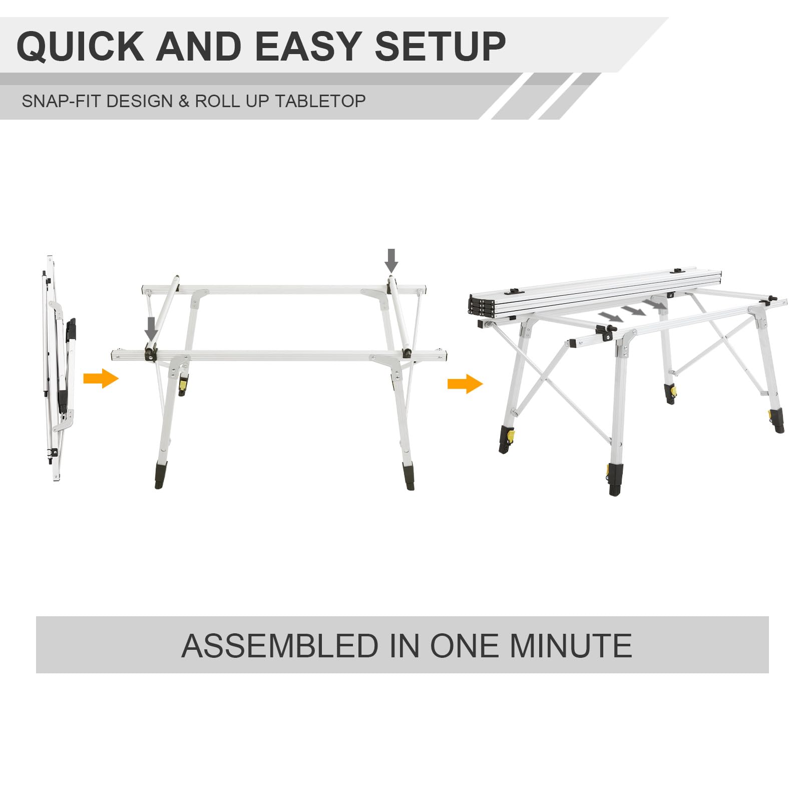 PORTAL Outdoor Folding Portable Picnic Camping Table with Adjustable Height Aluminum Roll Up Table Top Mesh Layer, Silver