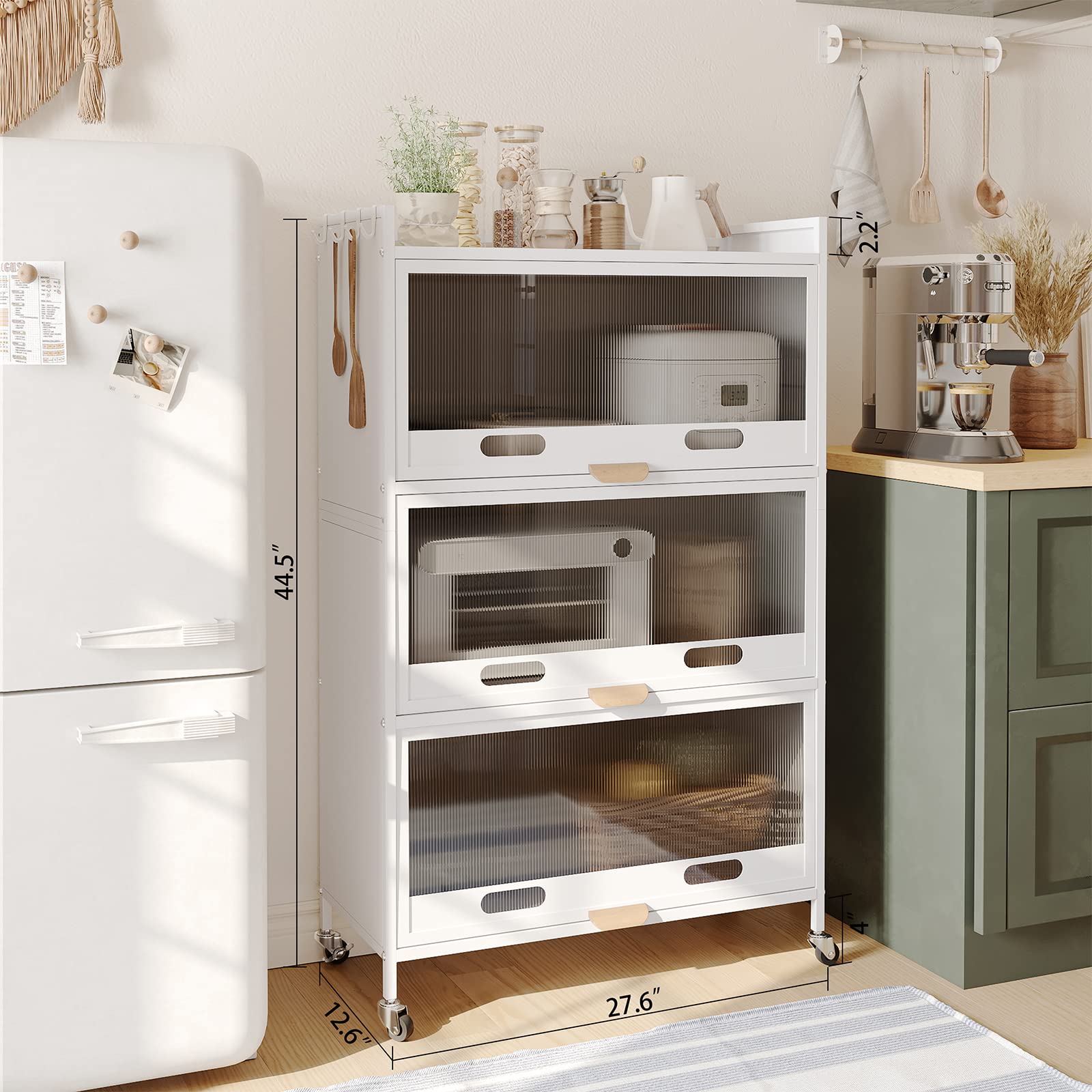 NETEL Kitchen Bakers Rack, Microwaves Rack Storage Rack 4 Tiers, Kitchen Microwave Stand with 4 Hooks,Kitchen Storage Shelf Rack for Spices, Pots and Pans, with of Brakeable Casters - White