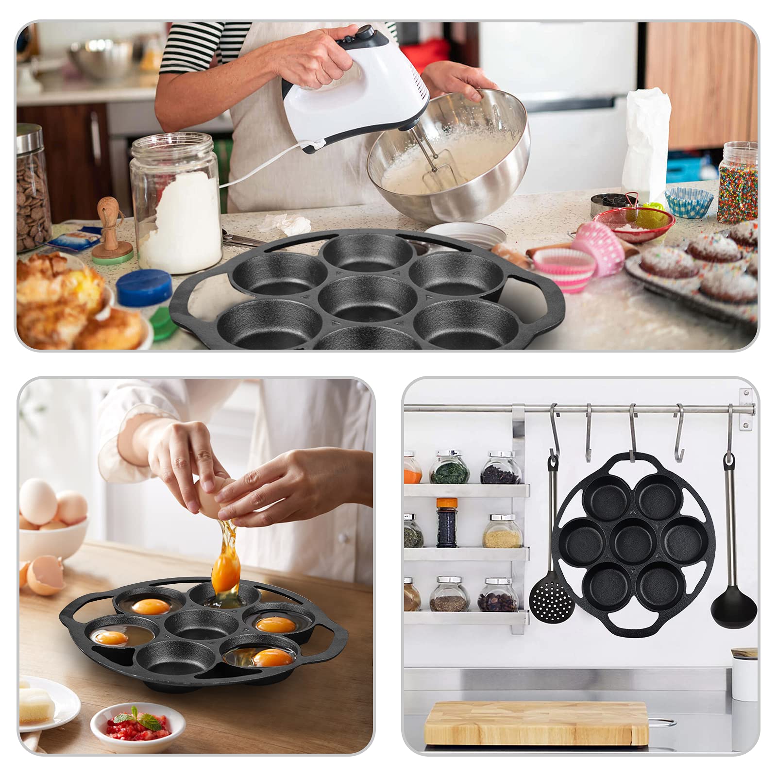 SUNSHNO Cast Iron Biscuit Pan Mini Cake Pan with Handles, Pre-Seasoned Baking Set 7 Cake Baking Tray Maker Pan for Biscuits, Bake Muffins, Cornbread and Scones, Include special steel fork and brush