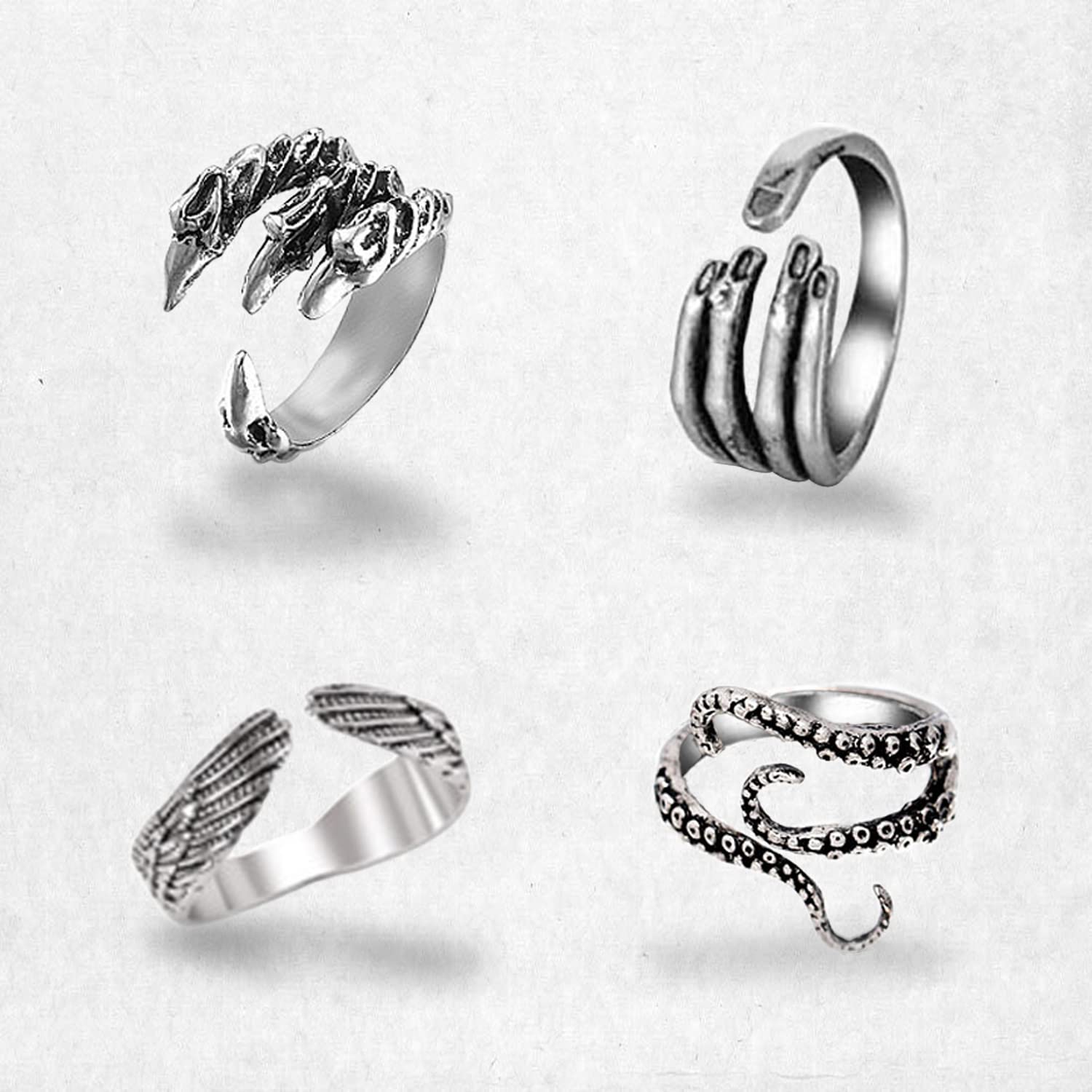 T Legend Vintage Gothic Rings Punk Stackable Open Rings Fox Dragon Frog Snake Adjustable Rings,gift for a girlfriend or lover (12 Pcs)