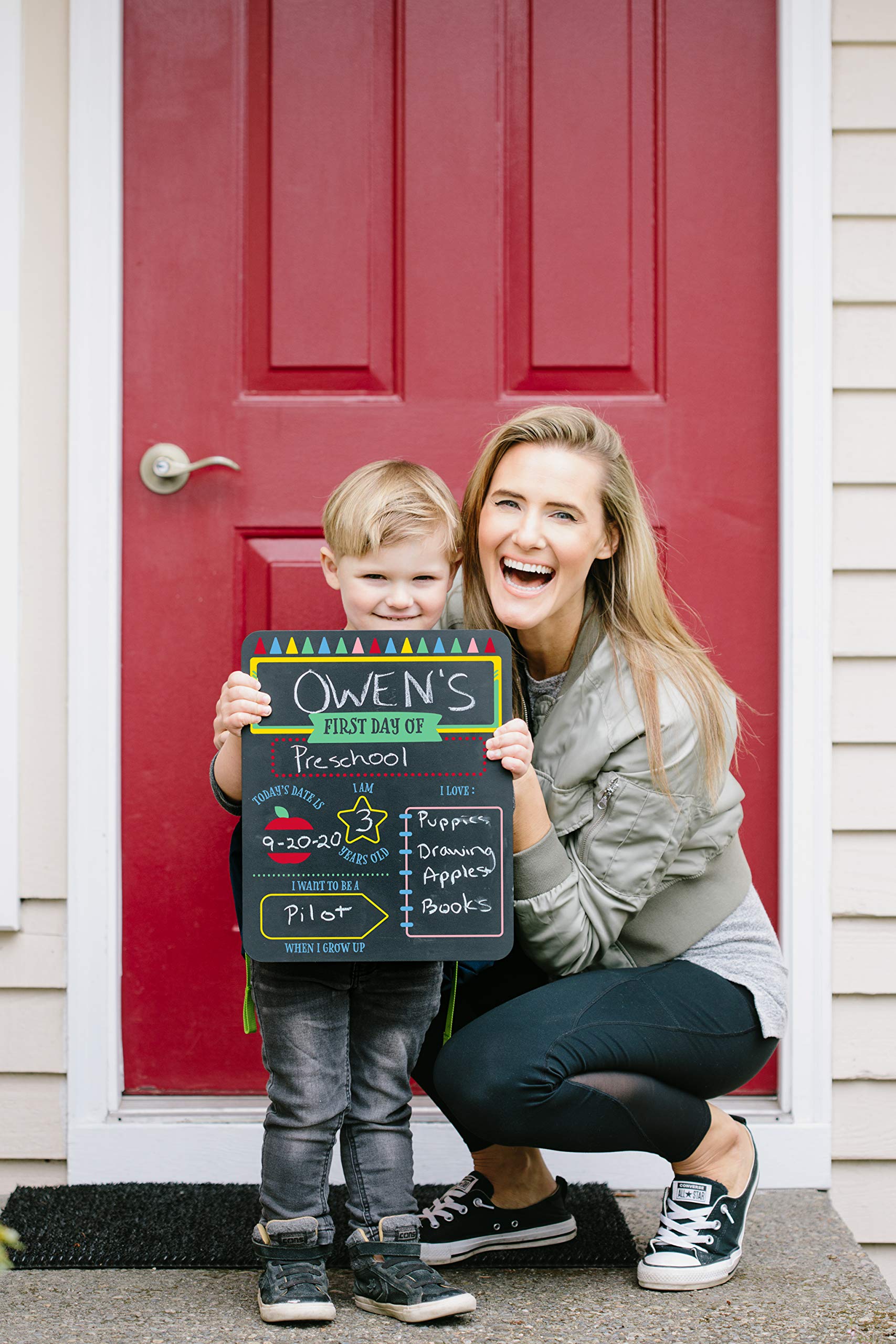 Pearhead First and Last Day of School Reversible Chalkboard, Milestone Board, Reusable Photo Sharing Prop with Chalk, Celebrate School Memories and Milestones