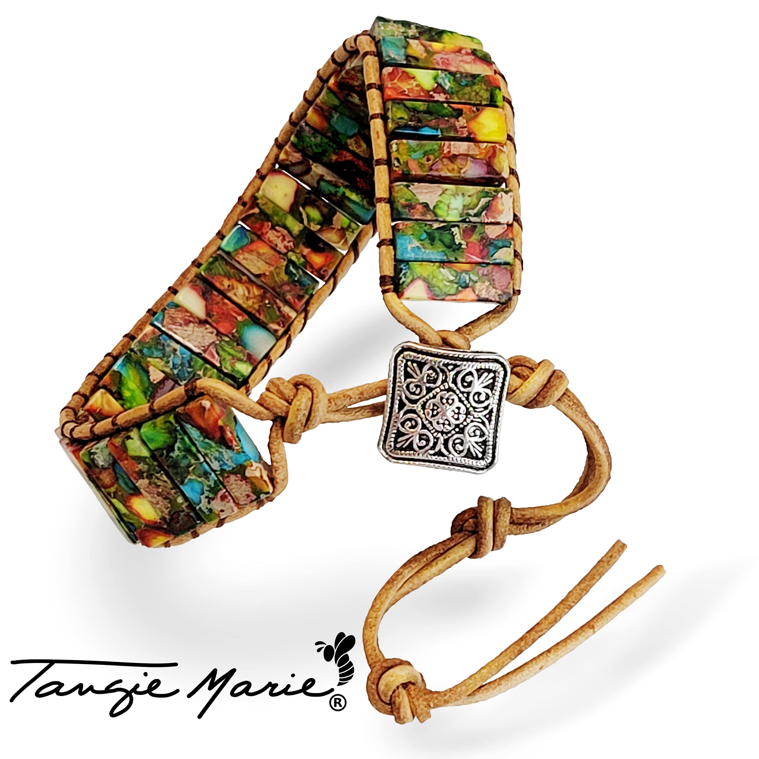 Tangie Marie Chakra Bracelet - Imperial Rainbow Jasper Stone for Women Men Beaded Boho Leather Wrap Gemstone Bangle