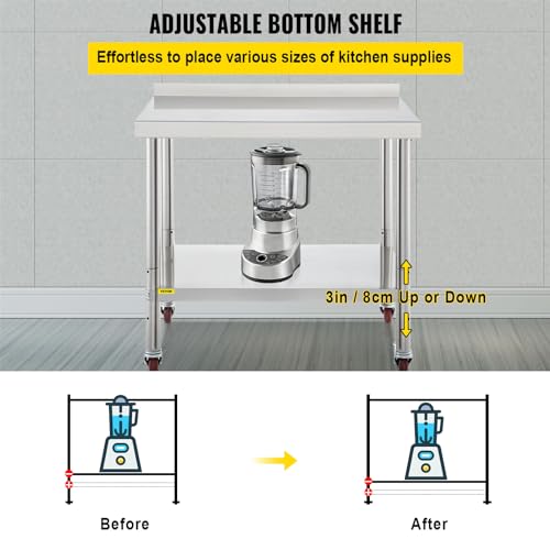 VEVOR Stainless Steel Prep Table, 30 x 24 x 35 Inch, 440lbs Load Capacity Heavy Duty Metal Worktable with Backsplash Adjustable Undershelf & 4 Casters, Commercial Workstation for Kitchen Restaurant
