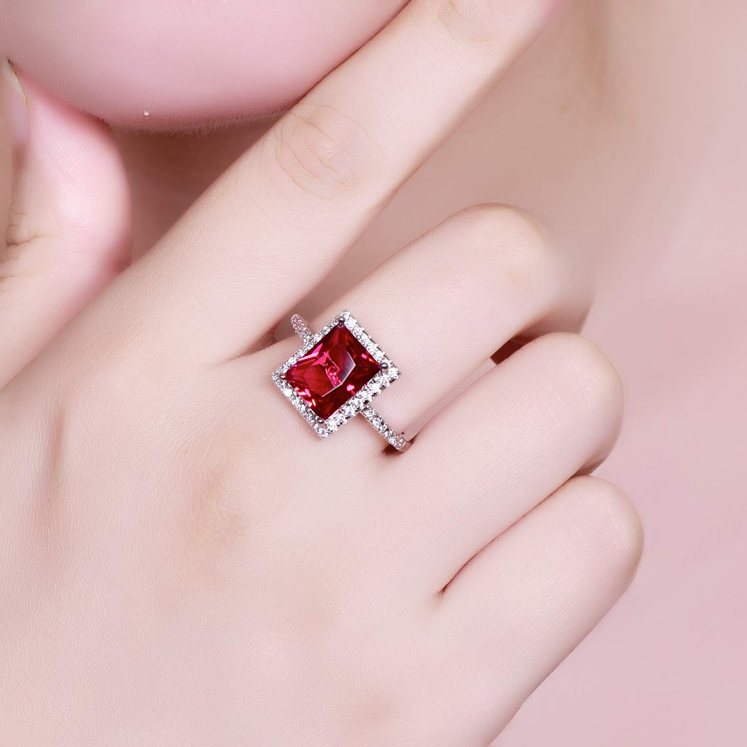 Psiroy 925 Sterling Silver Plated Simulated Ruby Spinel Classic Emerald Cut Halo Engagement Ring for Women Size 9
