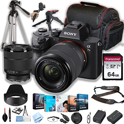 Sony a7 III Mirrorless Digital Camera with 28-70mm Lens + 64GB Memory + Case+ Steady Grip Pod + Tripod+ Software Pack + More (30pc Bundle)