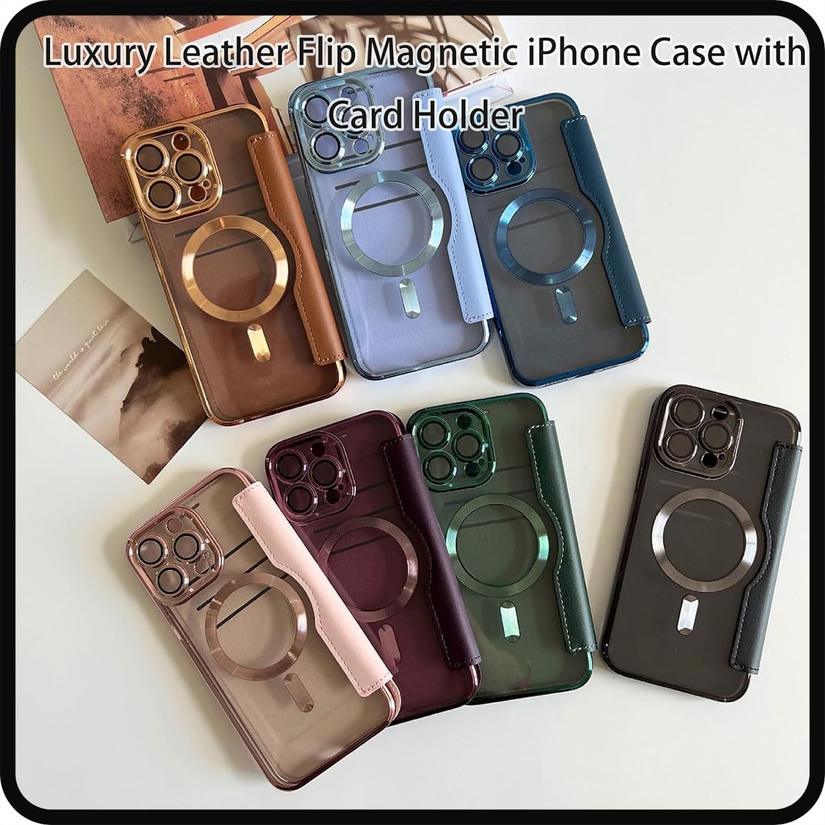 OSEVIO Transmitg Luxury Leather Flip Magnetic Phone Case with Card Holder, Transmitg Magnetic Leather Wallet Card Flip Transparent Case for iPhone 15 14 13 12 11 Pro Max (for iPhone 14 Pro,Brown)