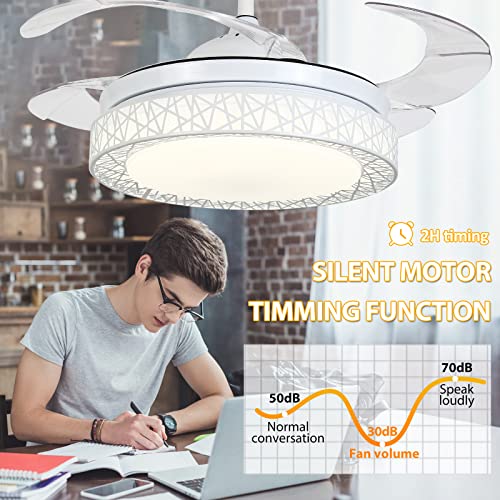 Panghuhu88 42" Invisible Ceiling Fan Chandelier with Light,Modern Crystal Ceiling Fan Light Remote Control 4 Retractable ABS Blades for Bedroom Living Dining Room Decoration