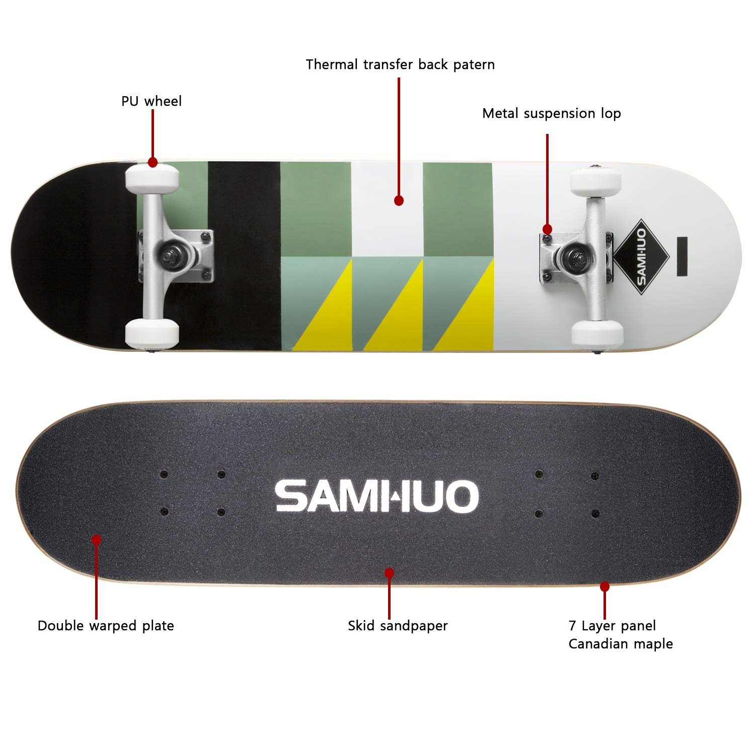 SAMHUO Skateboards for Beginners,31''X 8" Pro Complete Skateboard 7 Layer Canadian Maple Skateboard Deck for Extreme Sports and Outdoors