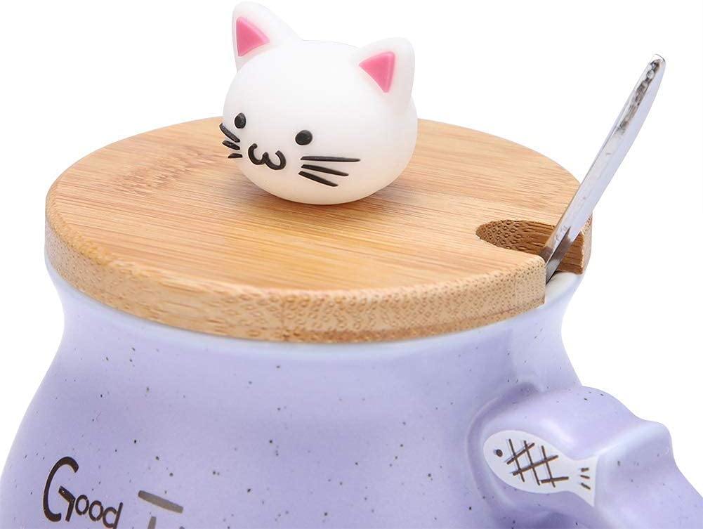 TOPINCN Ceramic Cup Cute Cat Pattern Coffee Cup with Spoon and Wood Lid Tea Water Milk Mug for Home Office (380 ML Purple)