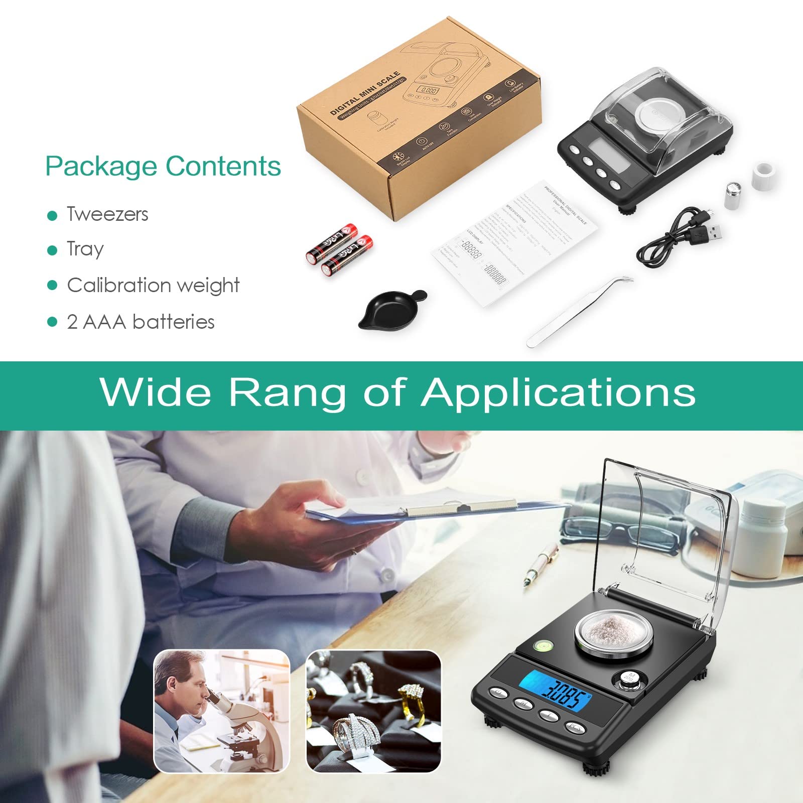 ORIA Digital Pocket Scale, Digital Milligram Scale, 0.001g/ 20g Mini Jewelry Weigh Scales with Calibration Weights Tweezers, Weighing Pans, LCD Display, USB Charging Cable for Kitchen, Office