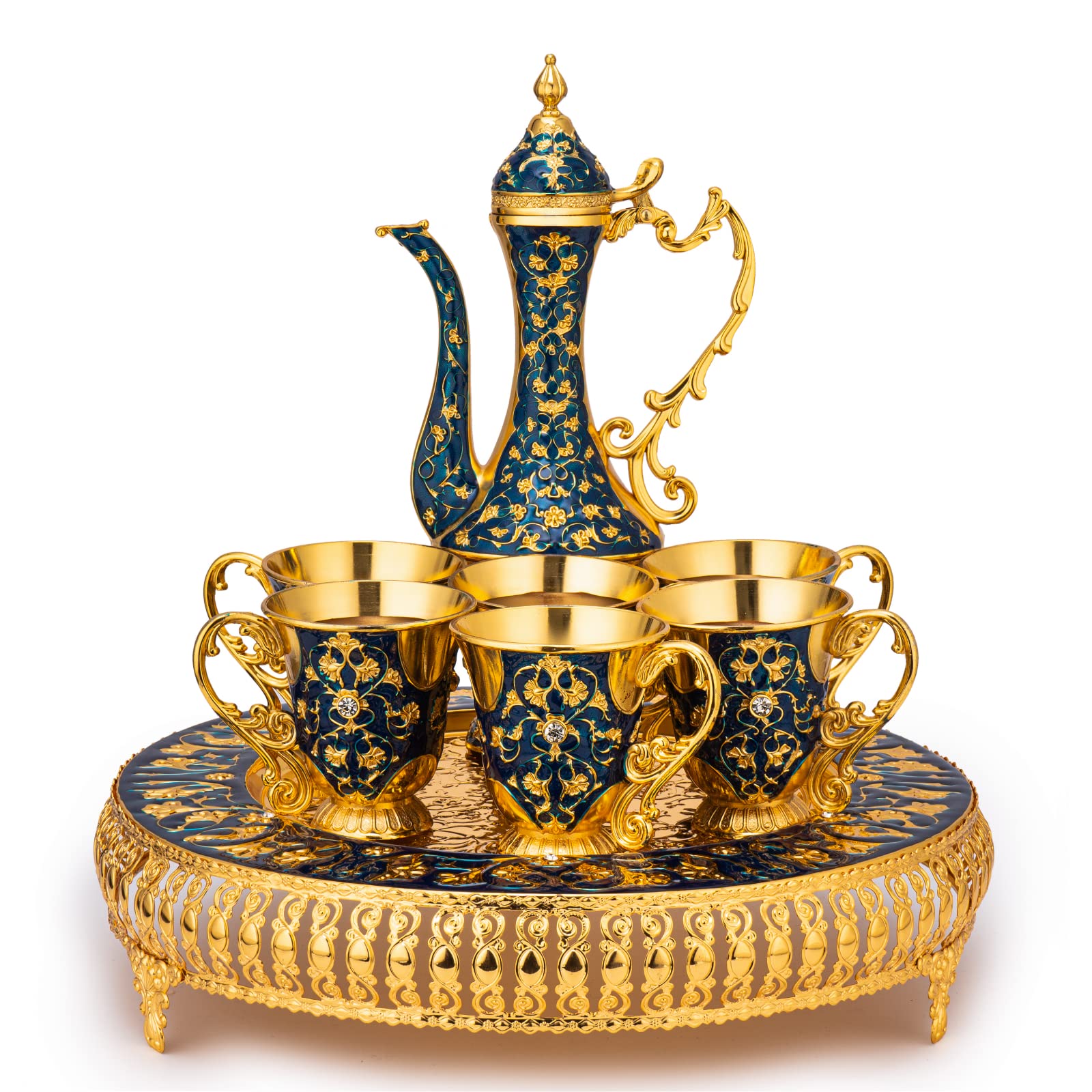 Vintage Extra Large Turkish Coffee & Tea Pot Set for 6 by Gute with Large Crystal Tray & Teapot Gold with Swarovski Style Crystals (Blue) 480ml - 6 Vintage Moroccan Tea Glasses 230ml Teacups Gold
