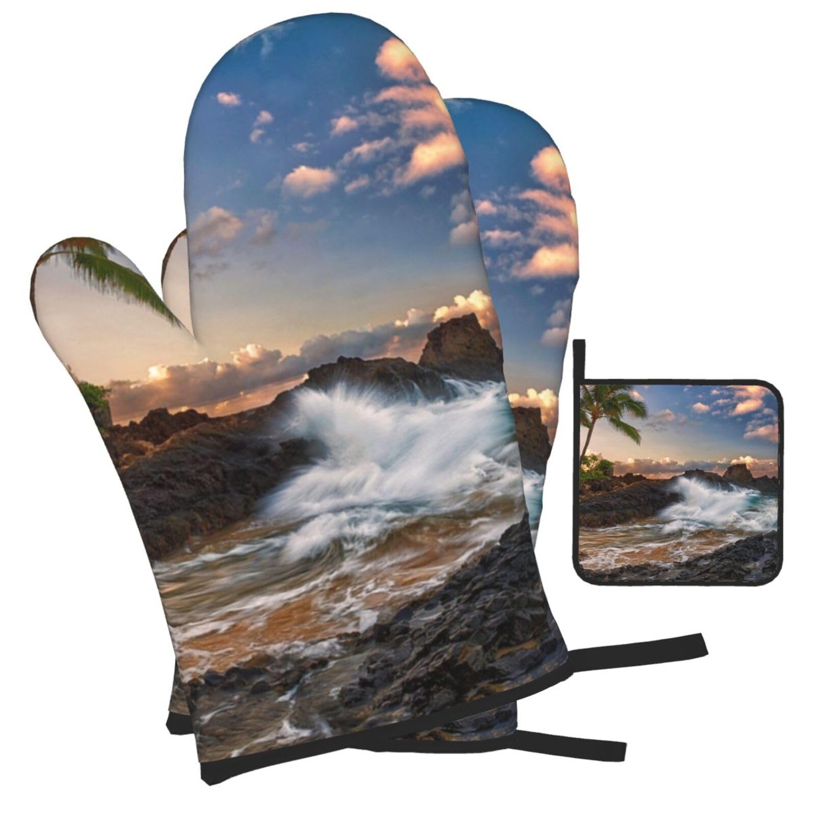 Palm Trees Clouds Tropical Coast Printed Oven Mitt and Pot Holders Set of 3 Non-Slip Cooking Gloves Heat Resistant Hot Pads for Kitchen BBQ Baking