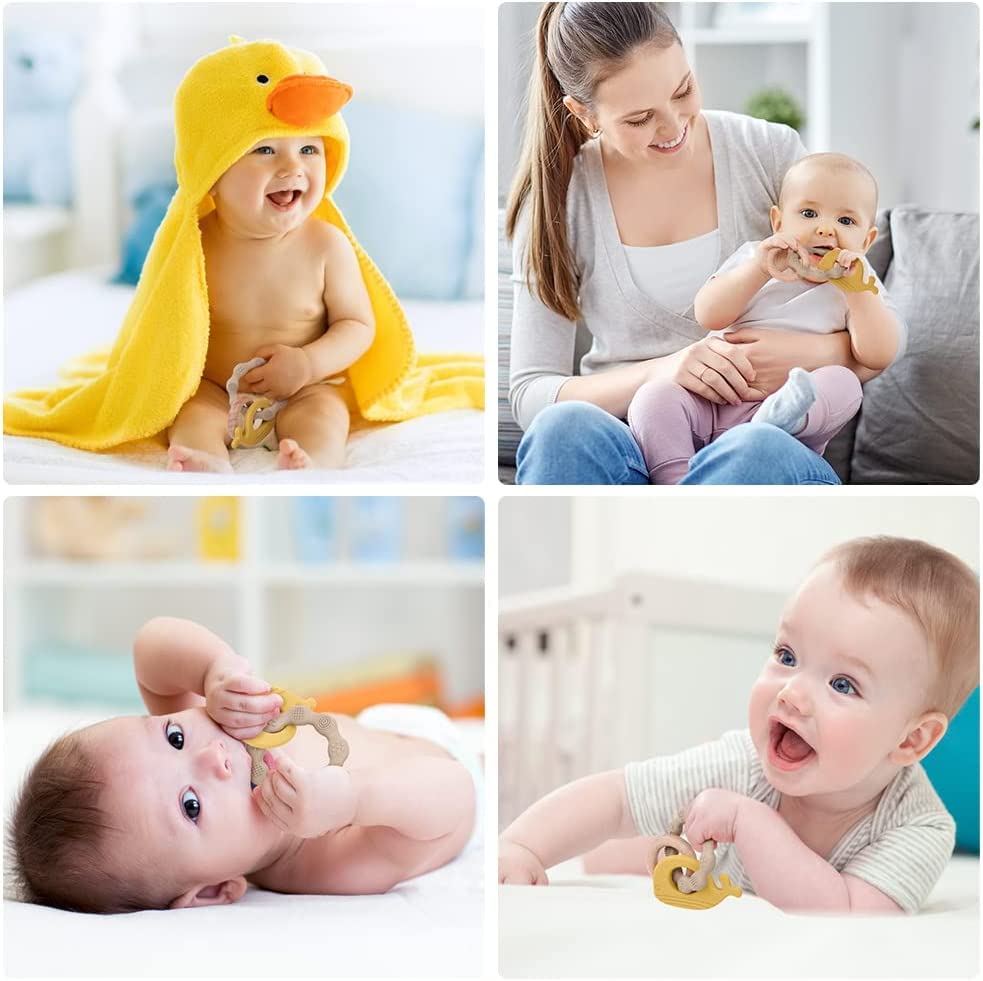 Vicloon Baby Teether Toys, Silicone & Natural Wood Teether Ring, Baby Teething Toys for Babies 0 Months+, Silicone Chewable Rings for Newborn Gift(Yellow)