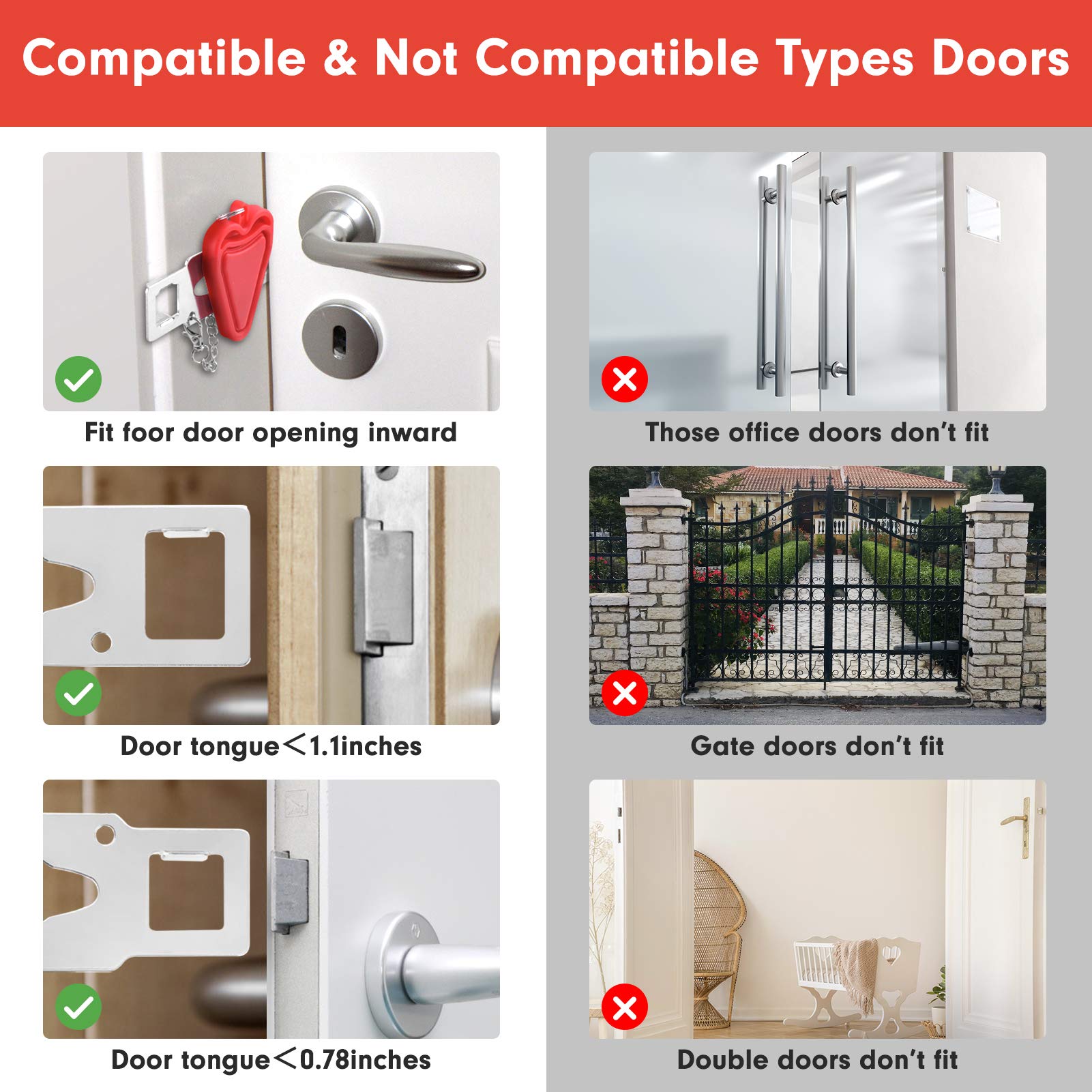 Portable Door Lock,Stainless Steel Travel Door Lock for Security,Portable Security Door Stop (Red)