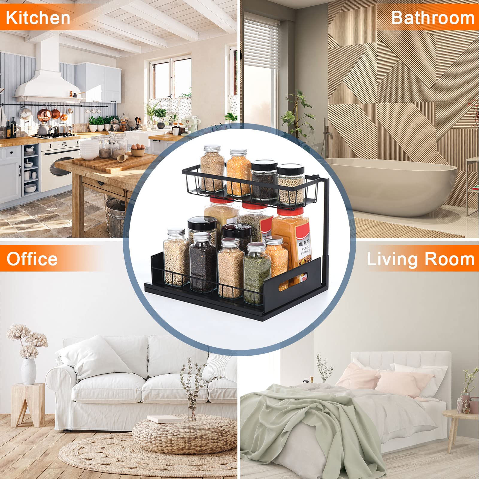 uxcell Under Sink Organizer, Pull Out Cabinet Organizer 2-Tier Slide Out Sliding Shelf Under Cabinet Countertop Storage Multi-Use Rack for Under Kitchen Bathroom Organizers, Black
