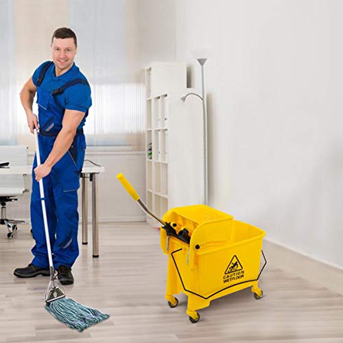 WTXX 5.28 Gallon Rolling Cleaning Mop Bucket Commercial Restaurant with Down Press Wringer ,Removable Side Press Wringer Design (Yellow), 23.5 inches L x 10.75 inches W x 27.5 inches H