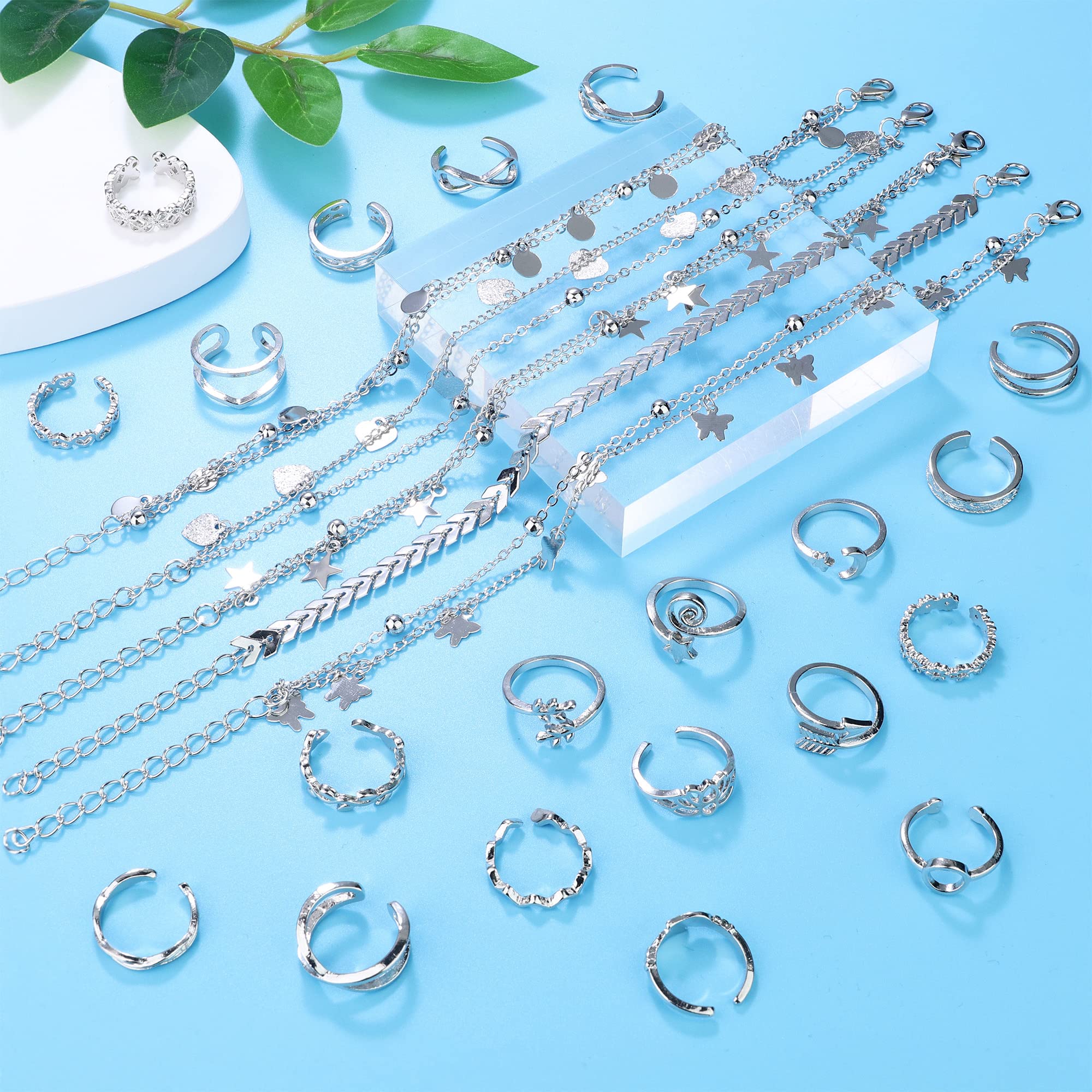 UBGICIG 25 Pcs Toe Rings and Ankle Bracelets for Women Silver Layered Anklets Open Adjustable Toe Rings for Summer Beach Foot Jewelry