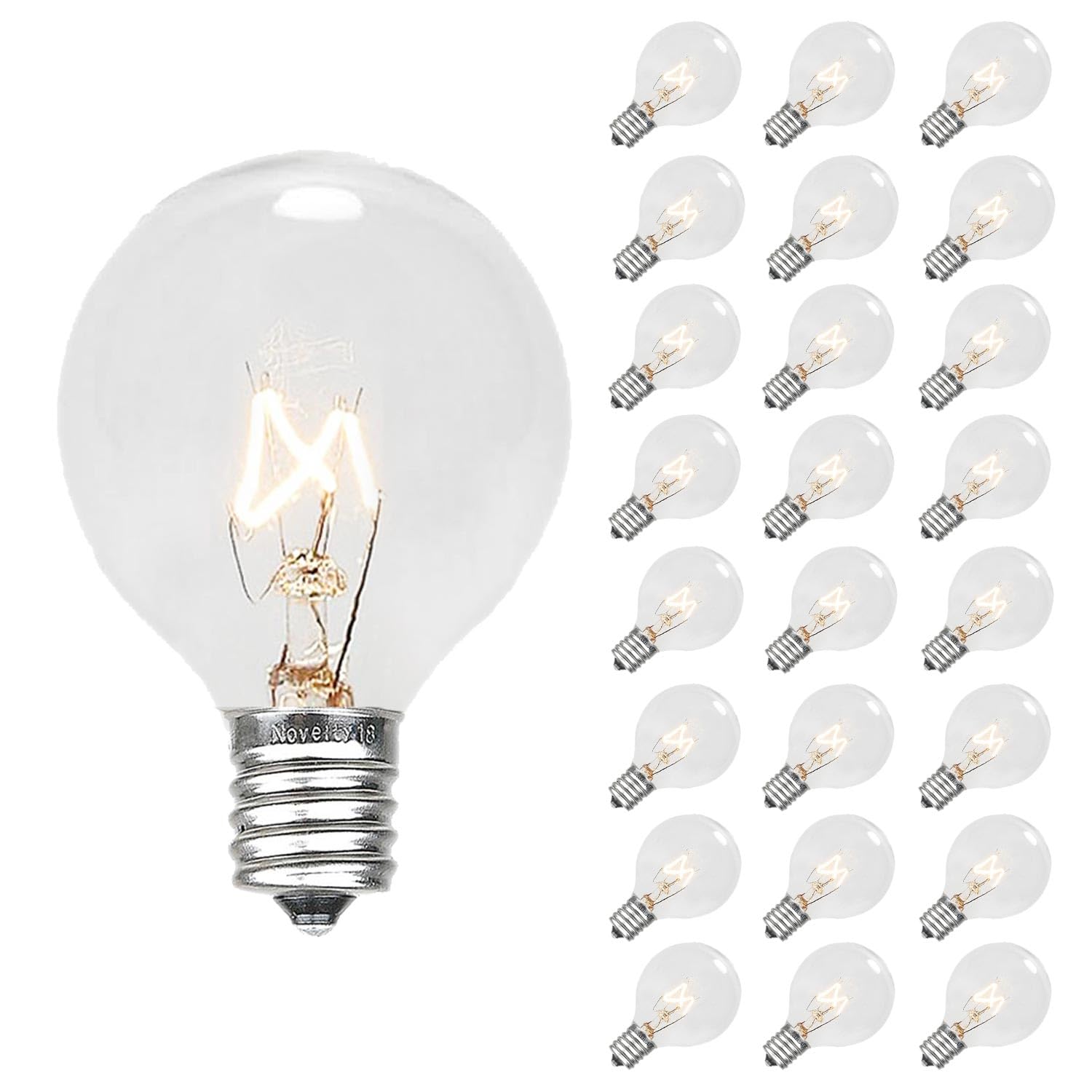 Novelty Lights 25 Pack G40 Clear Outdoor Globe Bulbs, Light Bulbs Glass Incandescent Bulbs with 3000 Hour Lifespan, Globe String Lights Replacement Bulbs