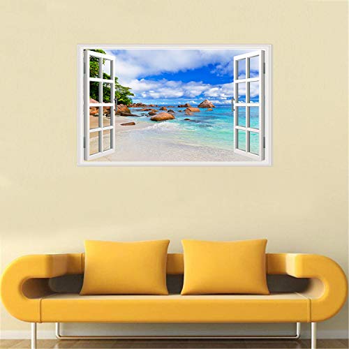 Rajahubri 3D Beach Fake Window Wall Stickers Blue Sky Window View Wall Decals Seascape Wall Sticker Removable Ocean Beach Wall Decals for Bedroom Kids Room