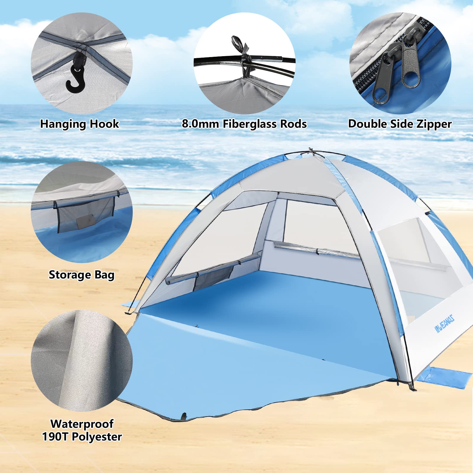 Weanas Beach Tent Sun Shelter, 3-4 Person Portable Sun Shade Shelter UV Protection Easy Setup Lightweight Beach Shelter Tent with Extended Floor & 3 Ventilating Roll Up Windows