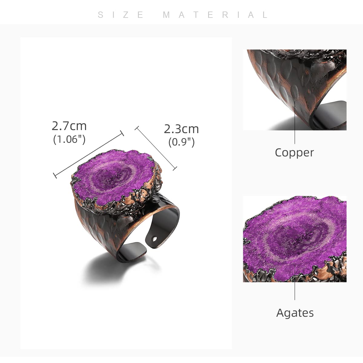VIENNOIS Natural Purple Agate Slices Ring Vintage Quartz Crystal Stone Adjustable Open Wide Gemstone Ring Handmade Jewelry (Purple)