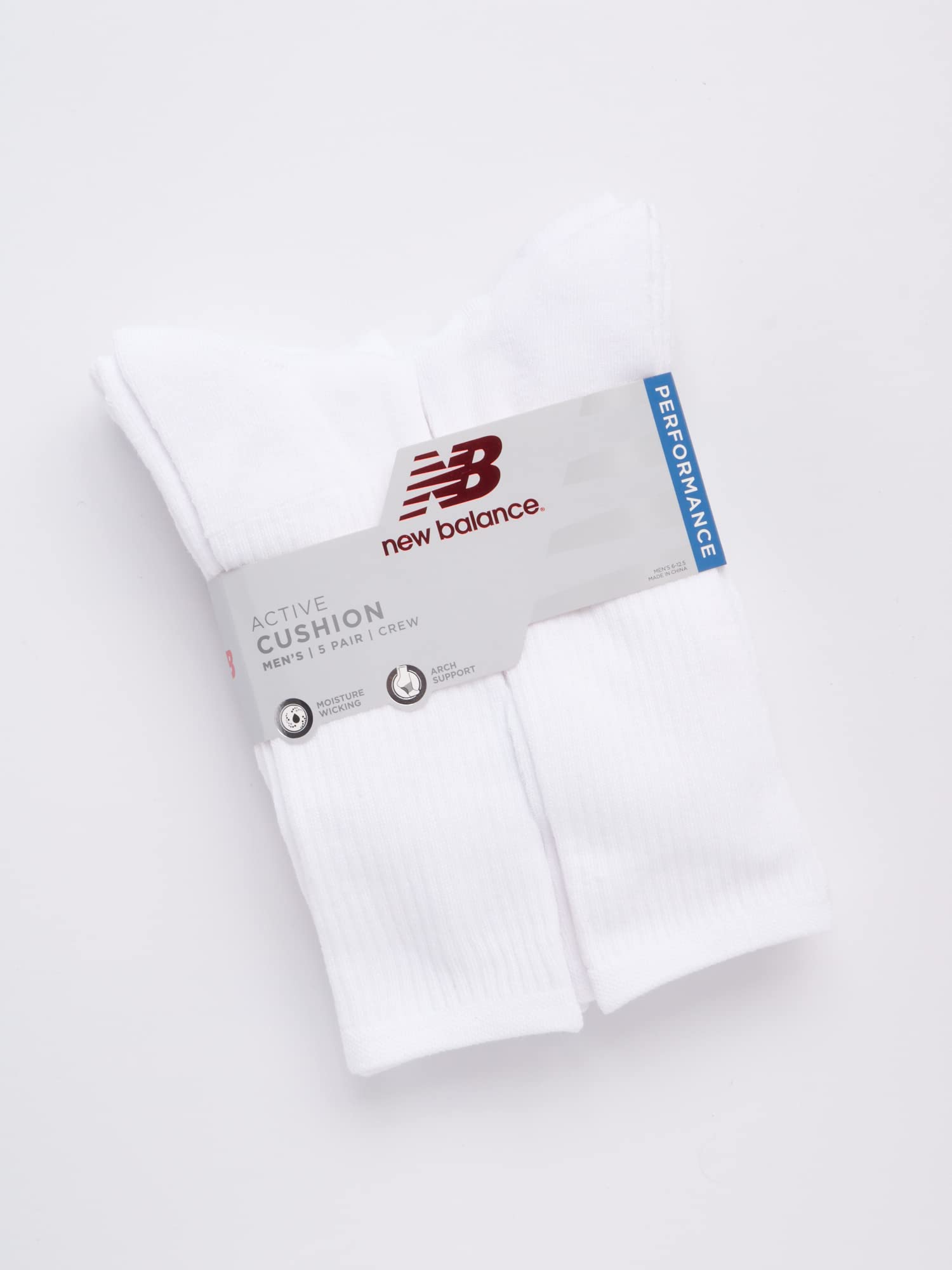 New Balance Men's Athletic Arch Cushion Comfort Crew Socks (5 Pack), Size 6-12.5, White