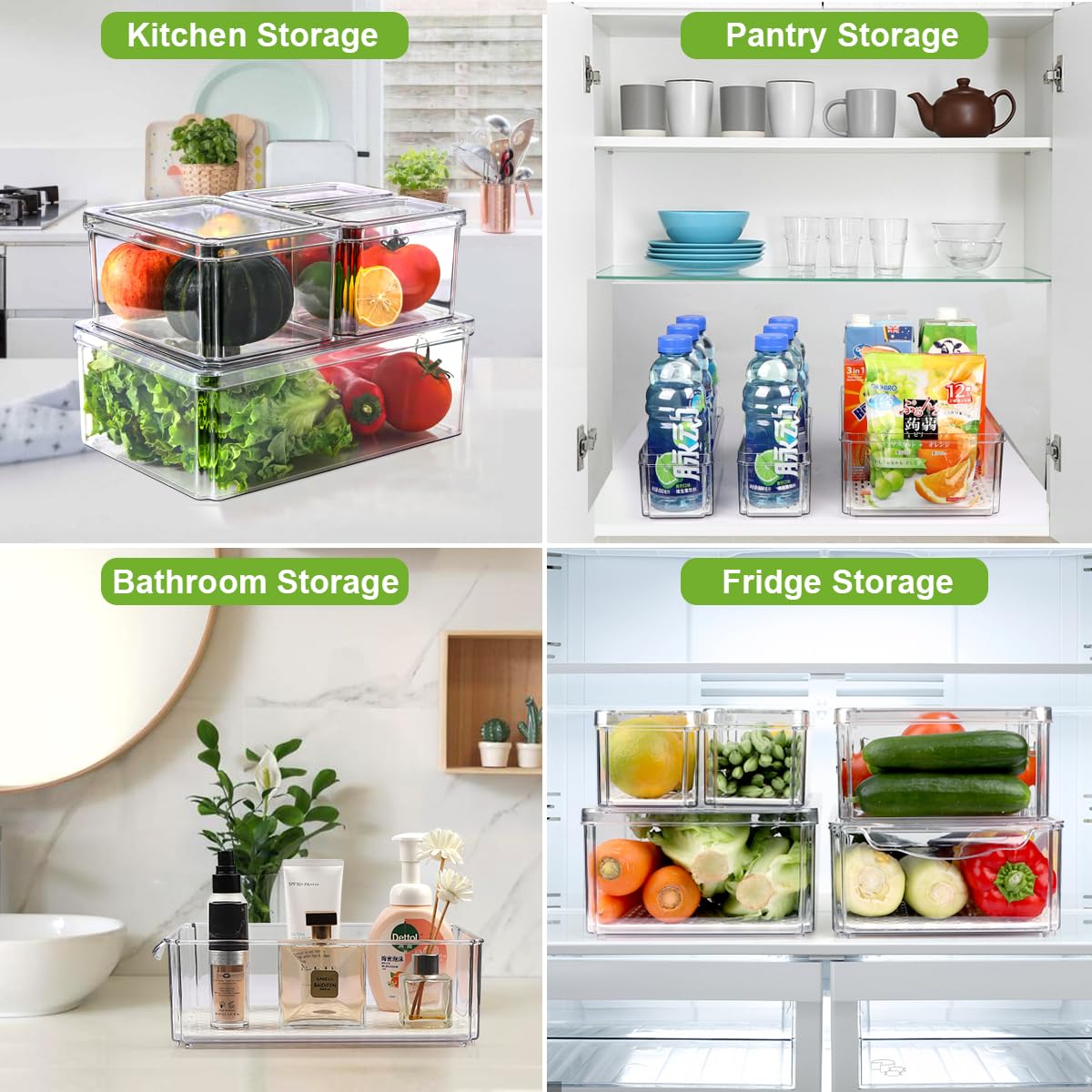 RIKOJUXI Set Of 14 Fridge Organizer, BPA Free Stackable Refrigerator Organizer Bins with Lids, Fridge Organizers and Storage Clear Refrigerator Storage Containers for Fruits, Vegetable, Food, Drinks