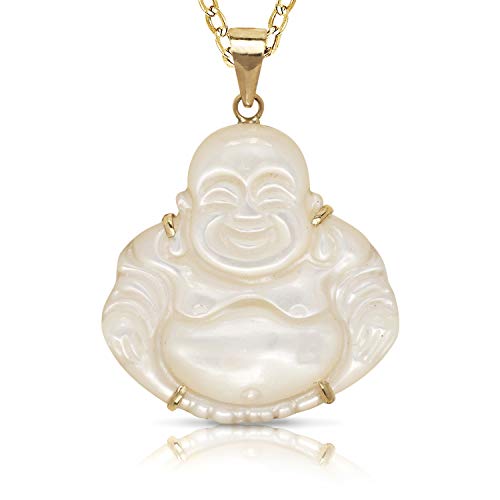 Real 14k 16-inch Natural Jade or Onyx Carved Smiling Buddha Pendant Necklace (24mm x 30mm) (Mother of Pearl)