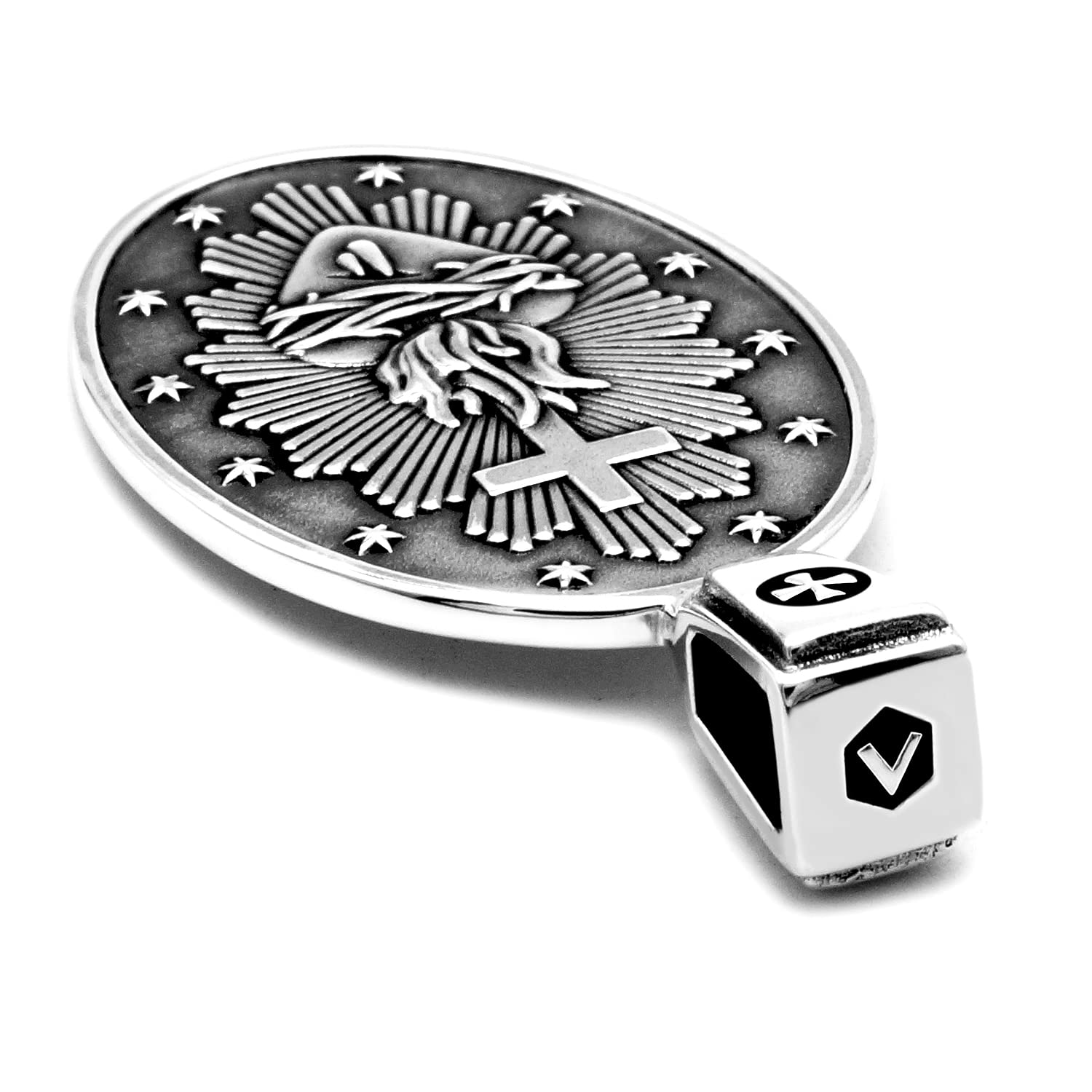 VENICEBEEĀ® Cross Jesus Christ Sacred Heart Medal Divine Love Flame Devotional Christian Amulet Unique Solid 925 Sterling Silver Pendant Necklace + Velvet Pouch, Polishing Cloth, Fine Gift Box